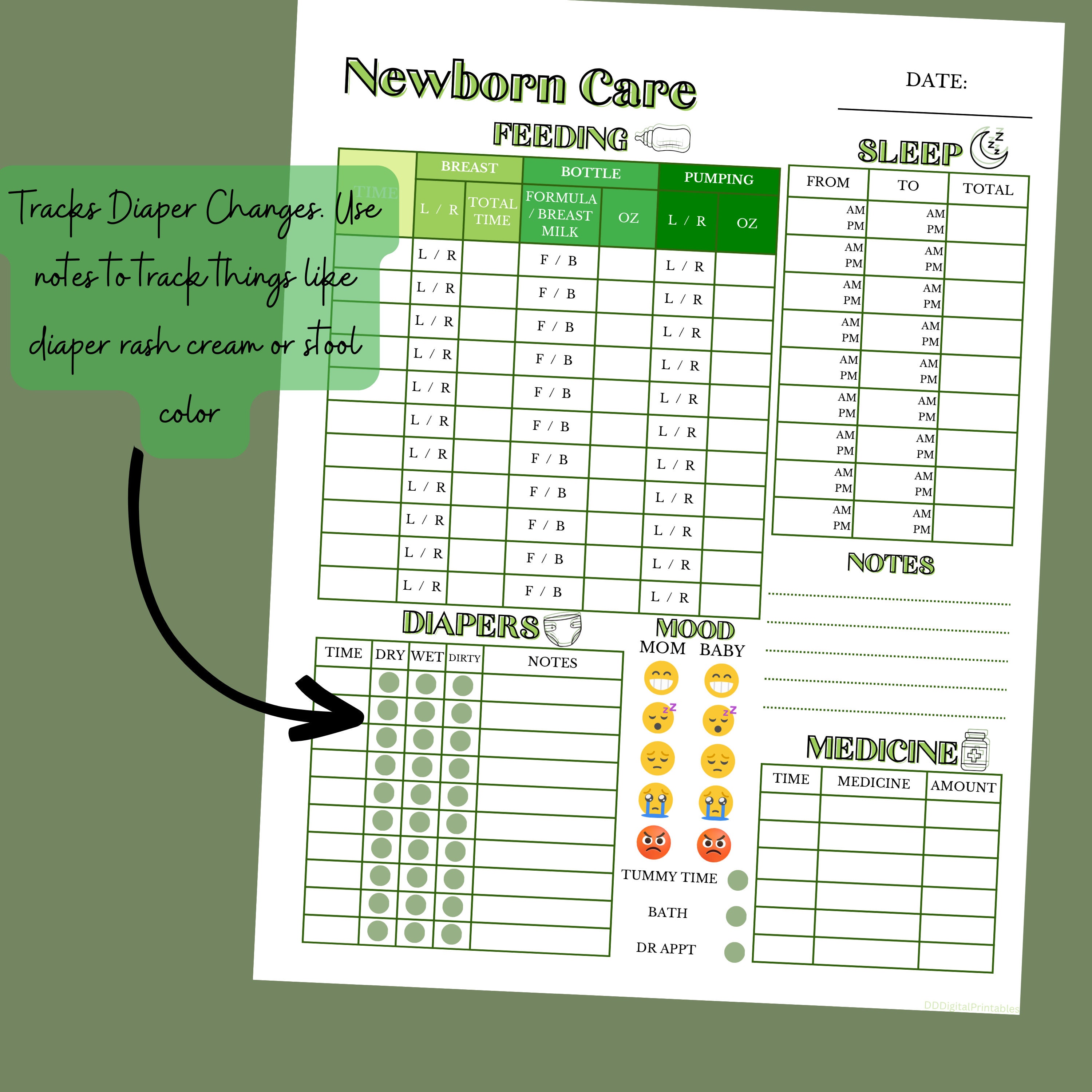 Newborn Care Log Printable Green Baby Feeding Log Baby - Etsy