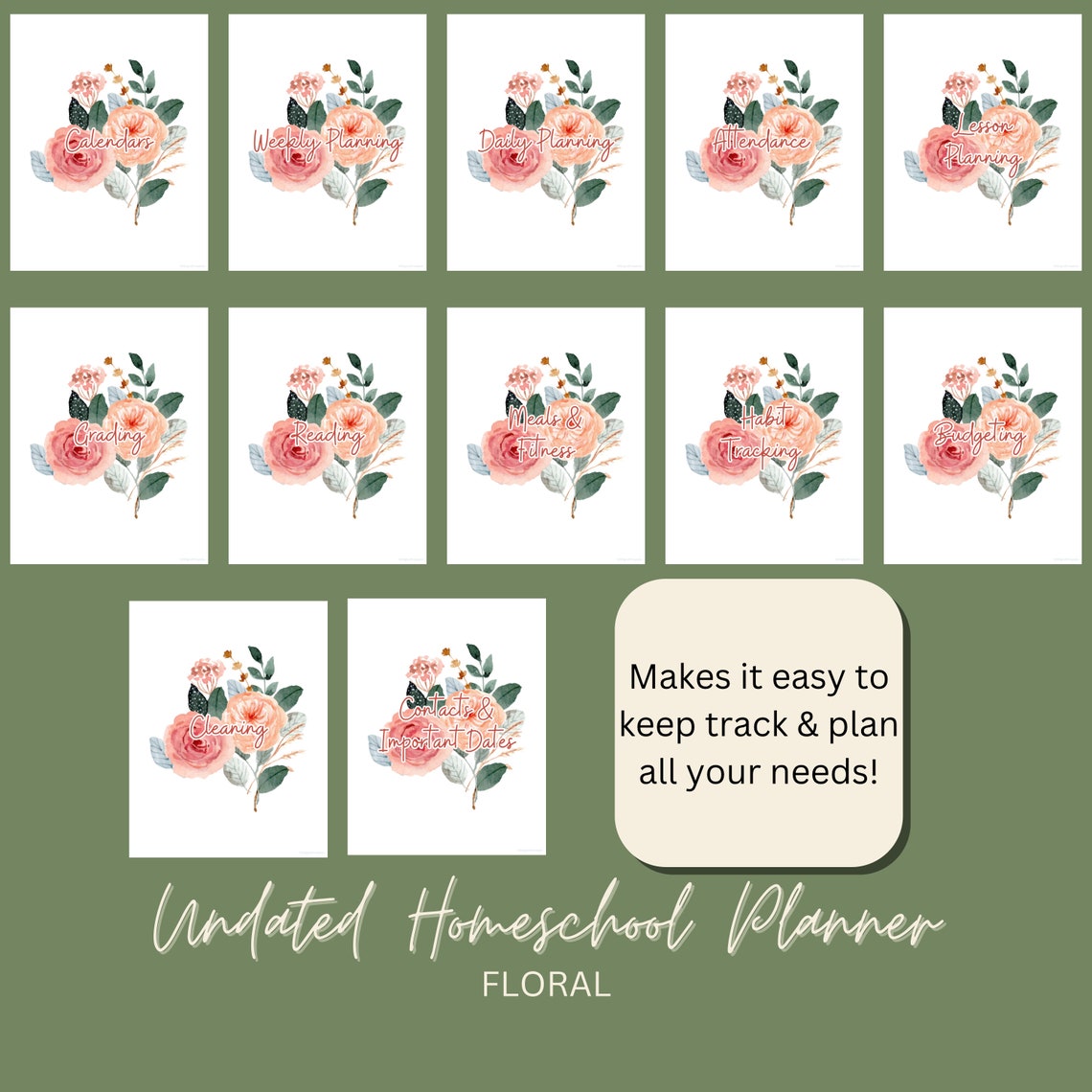 Homeschool Planner Printable Floral US Letter, A5, A4, 7x9.25 in Lesson ...