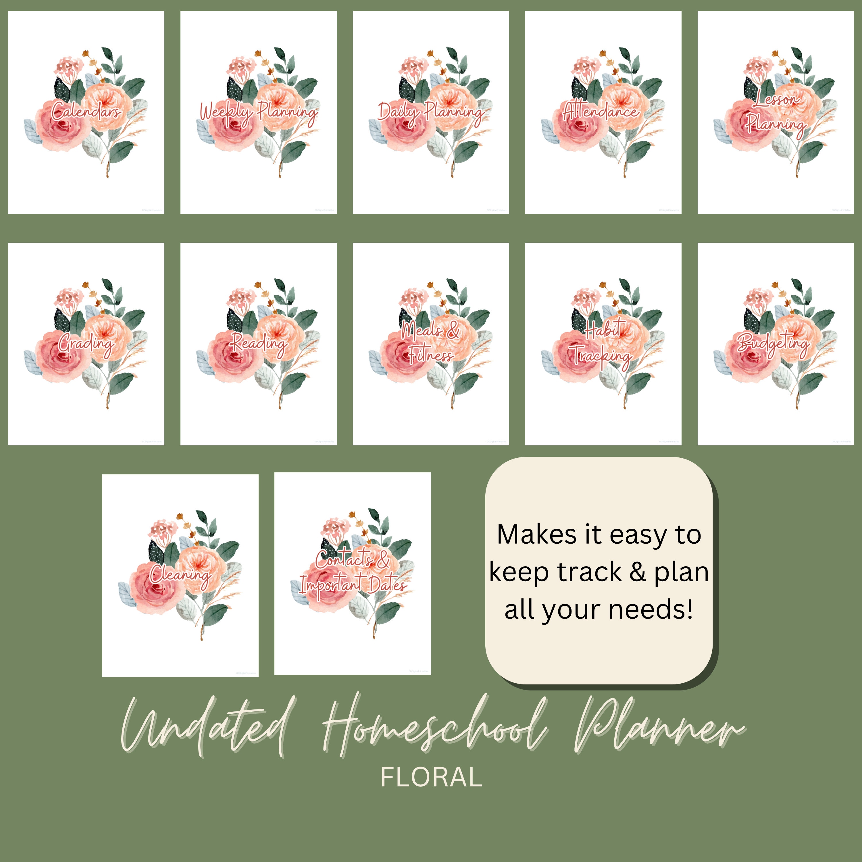 Homeschool Planner Printable Floral US Letter, A5, A4, 7x9.25 in Lesson ...