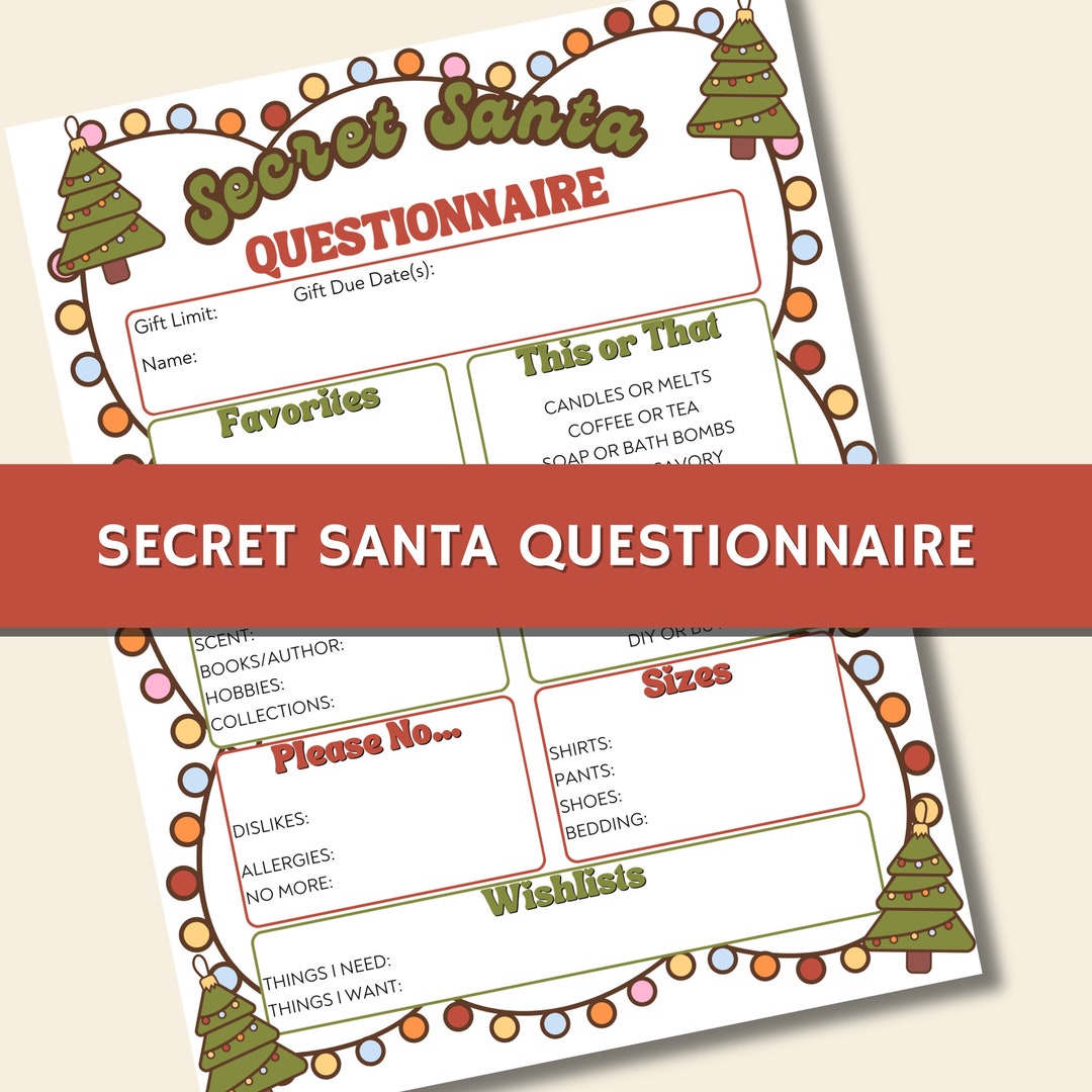 Secret Santa Questionnaire | Printable | Holiday Party Game | Christmas ...