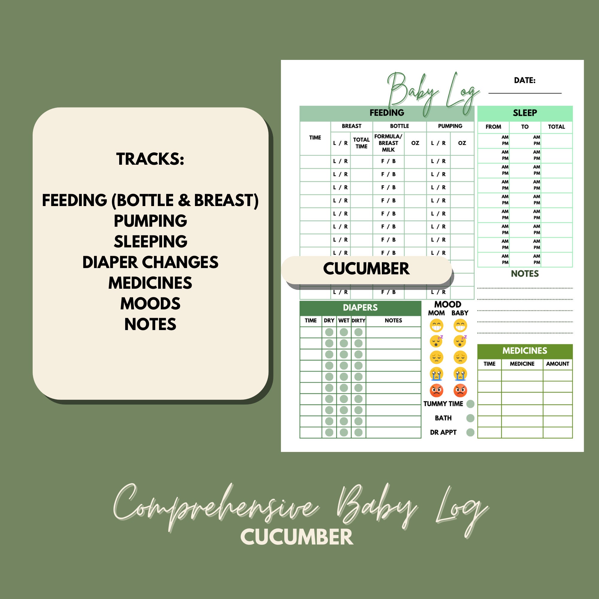 Baby Log Printable Cucumber Newborn Log Baby Care Log Pumping Log ...