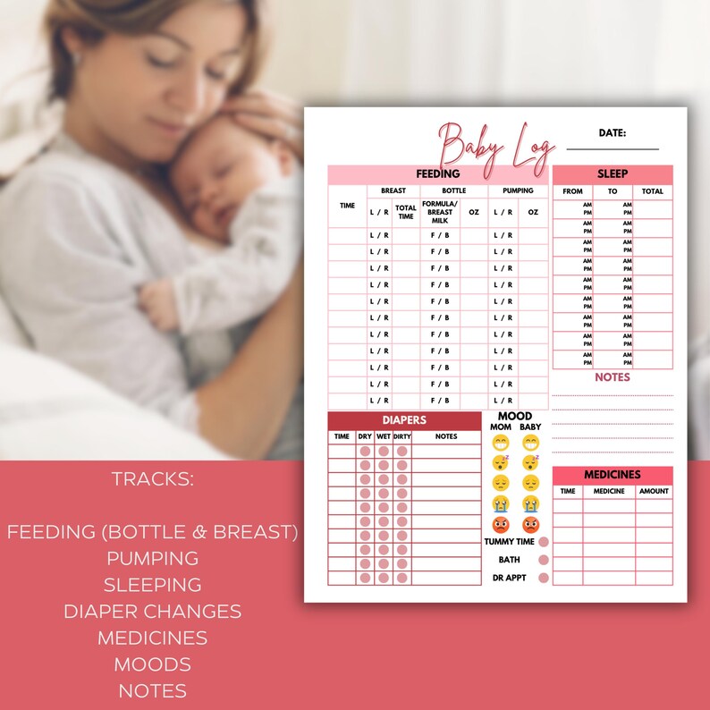 Baby Log Printable - Strawberry | Newborn Log | Baby Care Log | Pumping ...