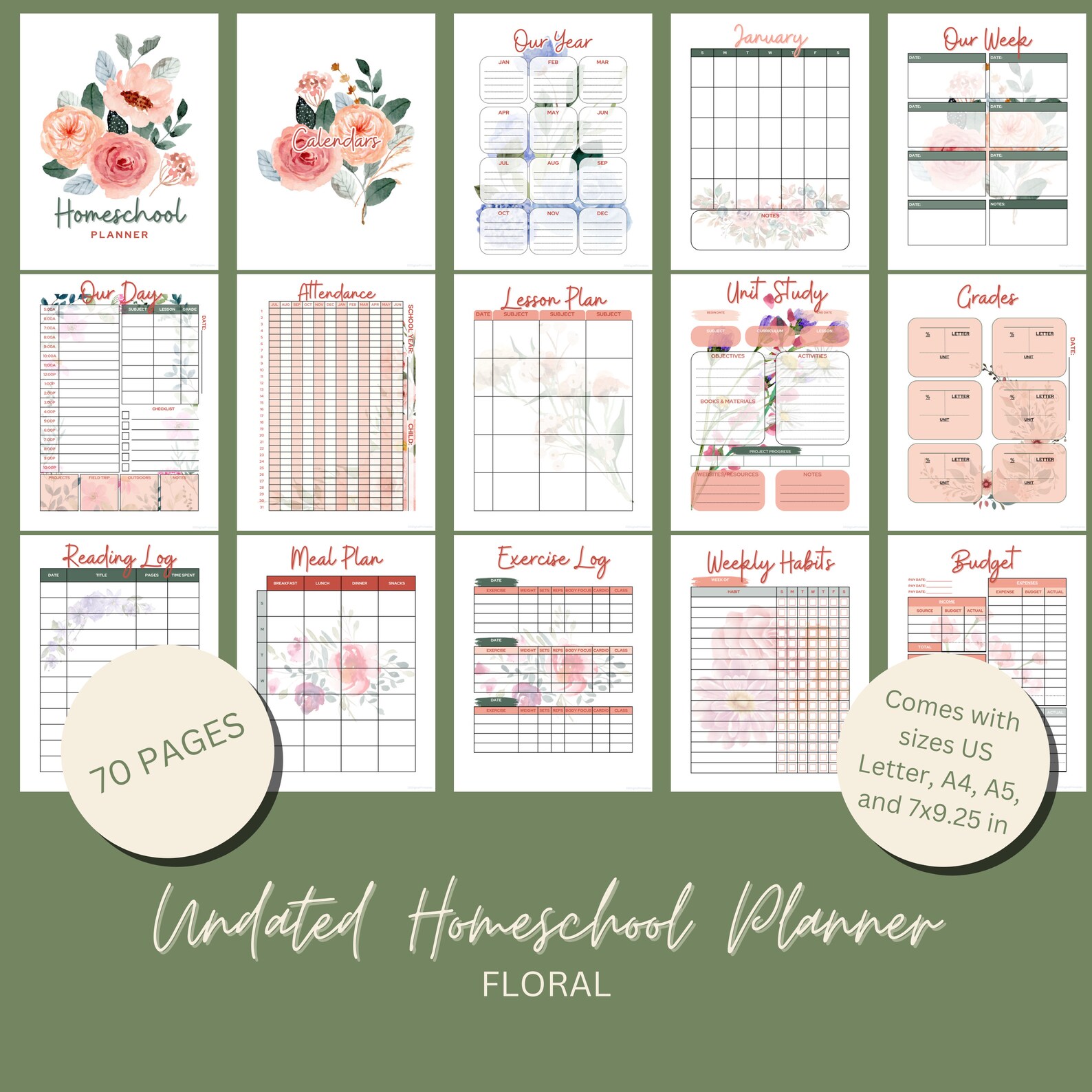 Homeschool Planner Printable Floral US Letter, A5, A4, 7x9.25 in Lesson ...