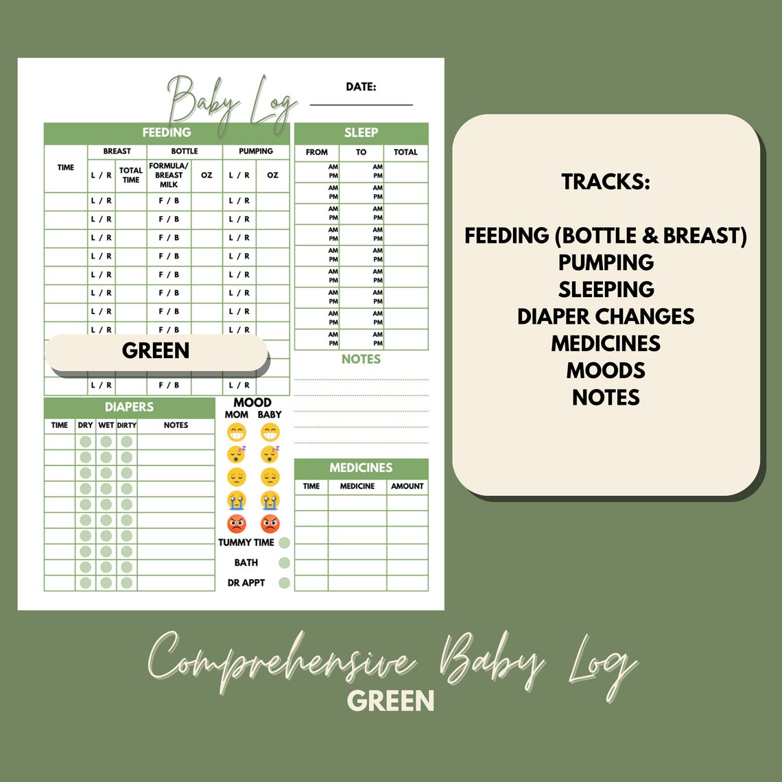 Comprehensive Baby Care Log Printable in Green | Newborn Care Log ...