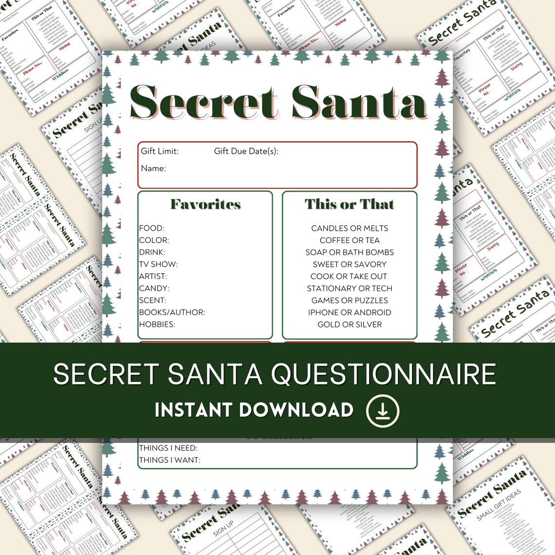 Secret Santa Questionnaire | Printable | Holiday Party Games | Family ...