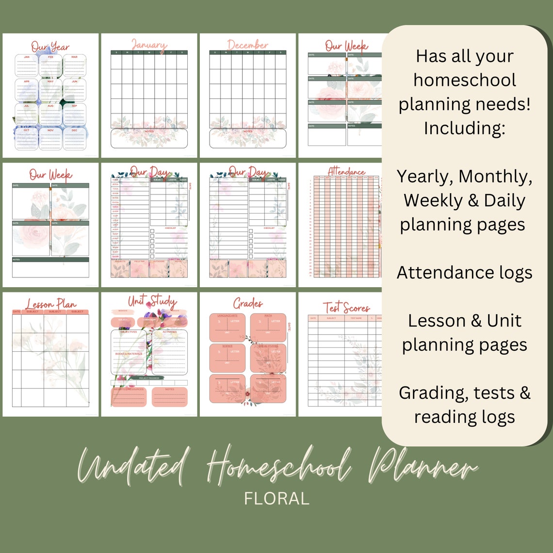Homeschool Planner Printable Floral US Letter, A5, A4, 7x9.25 in Lesson ...