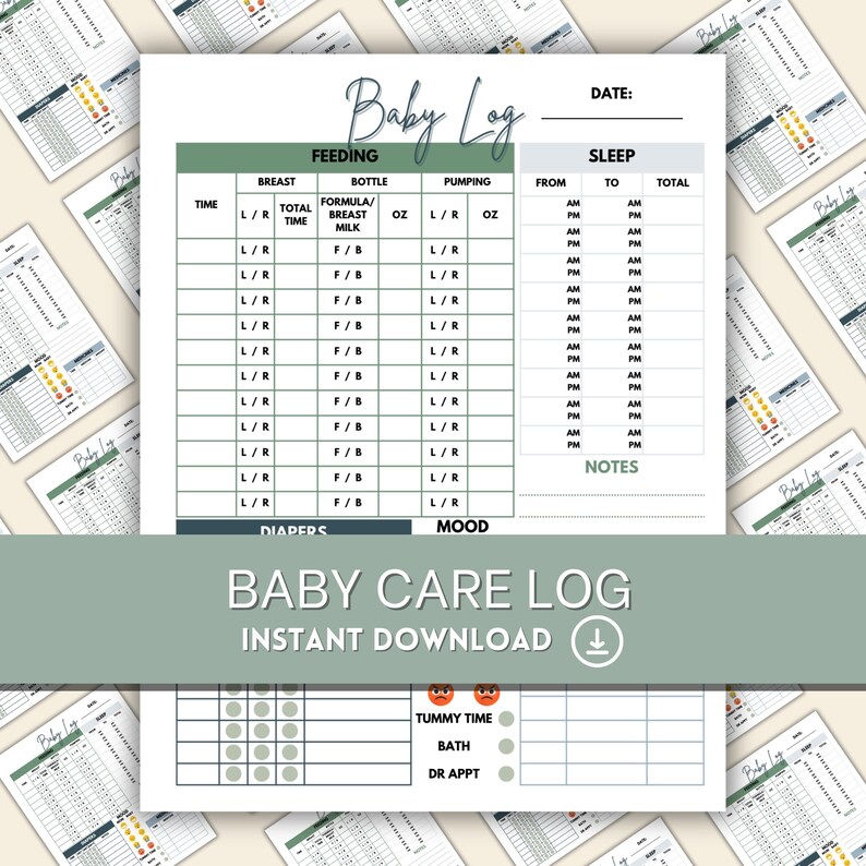 Baby Log Printable - Sea Glass | Newborn Log | Baby Care Log ...