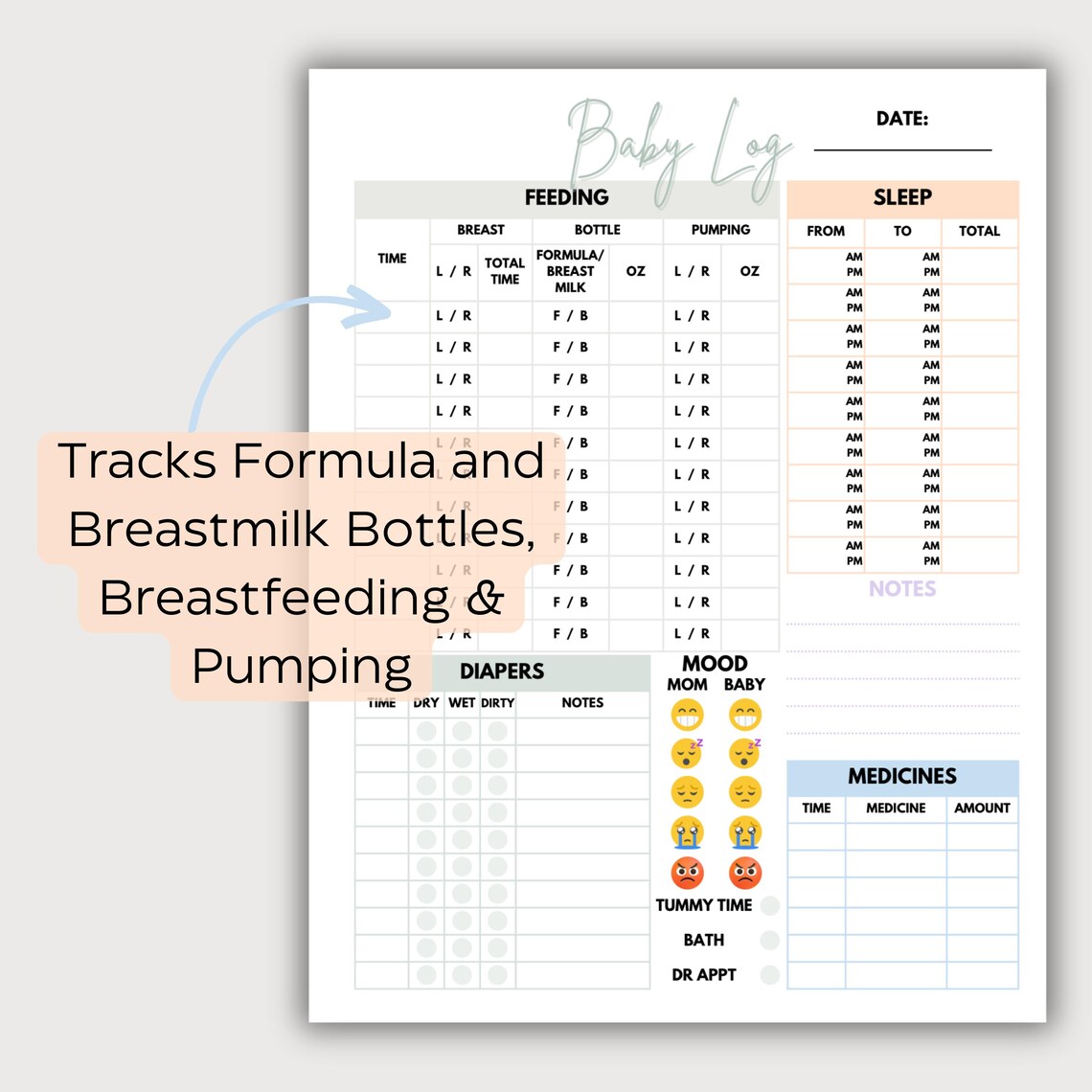 Baby Log Printable - Pastel | Newborn Log | Baby Feeding Log | Newborn ...