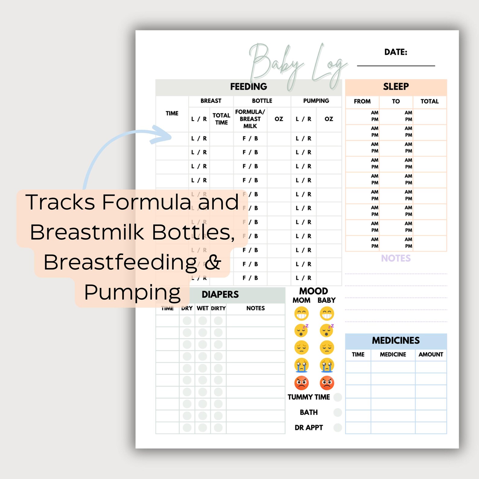 Baby Log Printable - Pastel | Newborn Log | Baby Feeding Log | Newborn ...