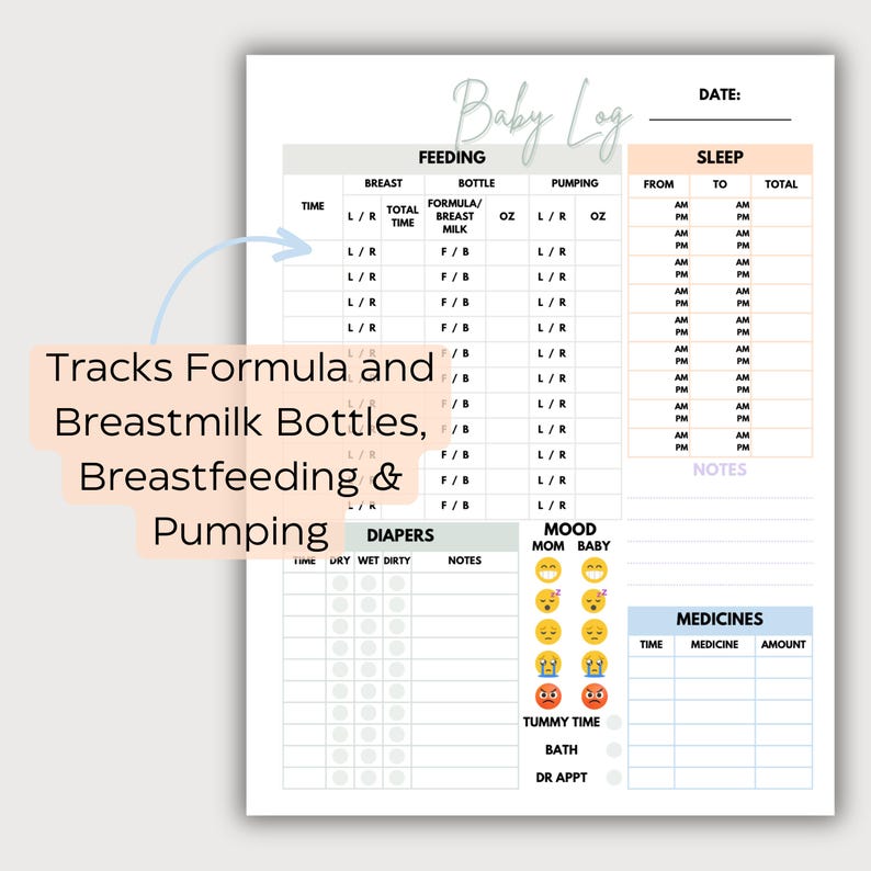 Pastel Baby Log Printable: Newborn Feeding, Diaper, Sleep Tracker (PDF ...