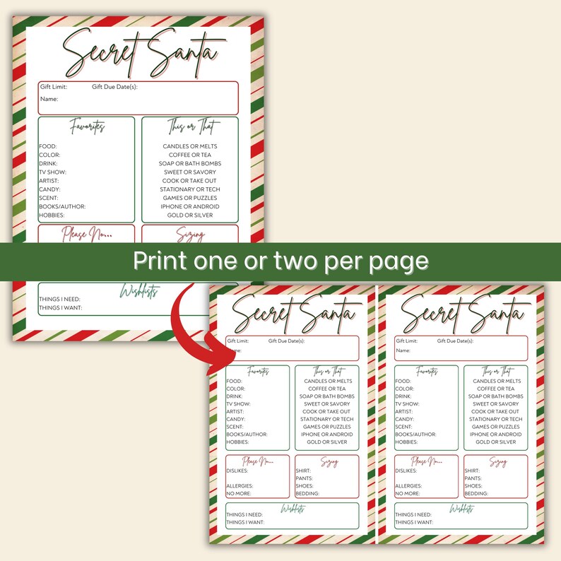 Secret Santa Questionnaire | Printable Secret Santa | 2 Print Options ...