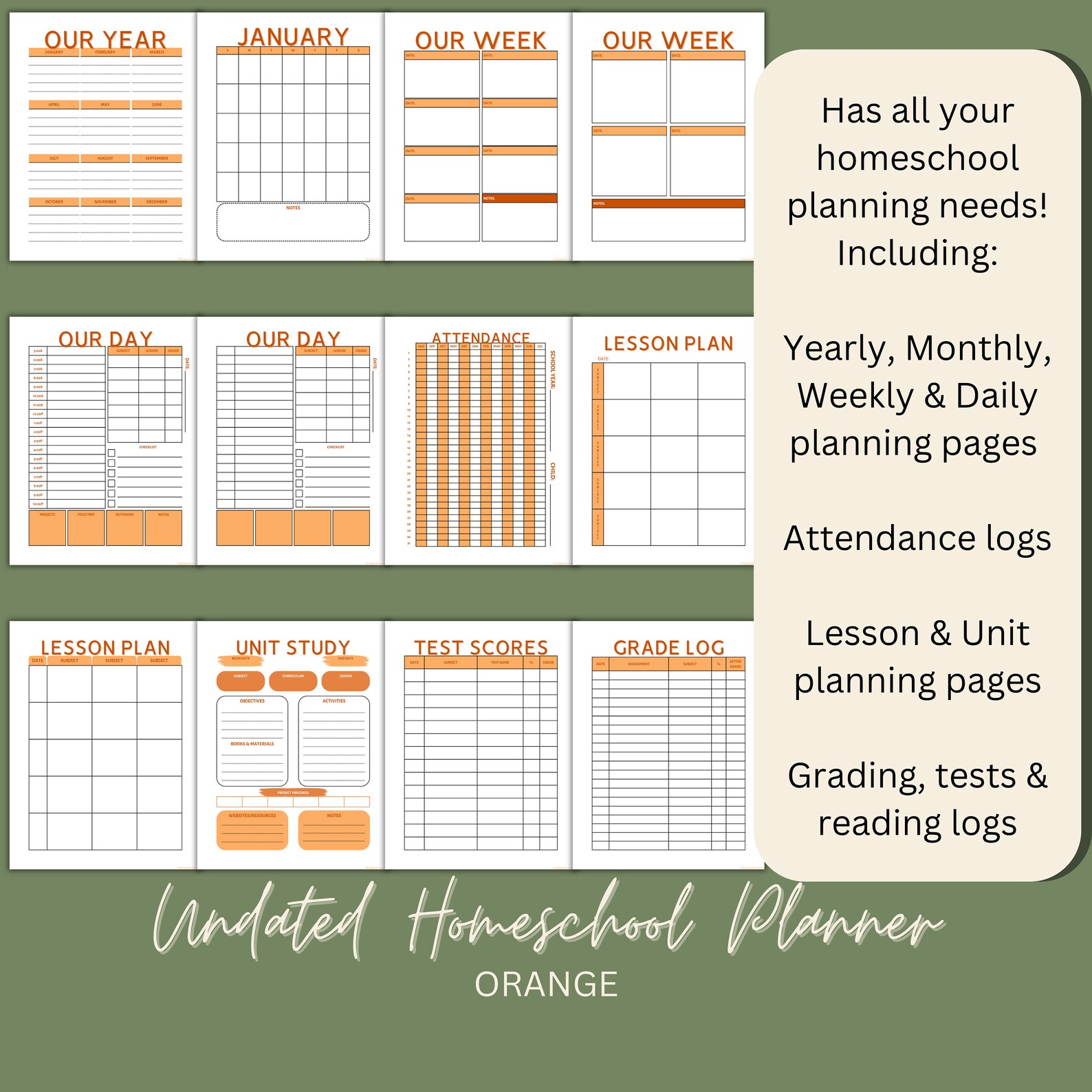 Homeschool Planner Printable | Orange | Lesson Planner | Meal Planner ...