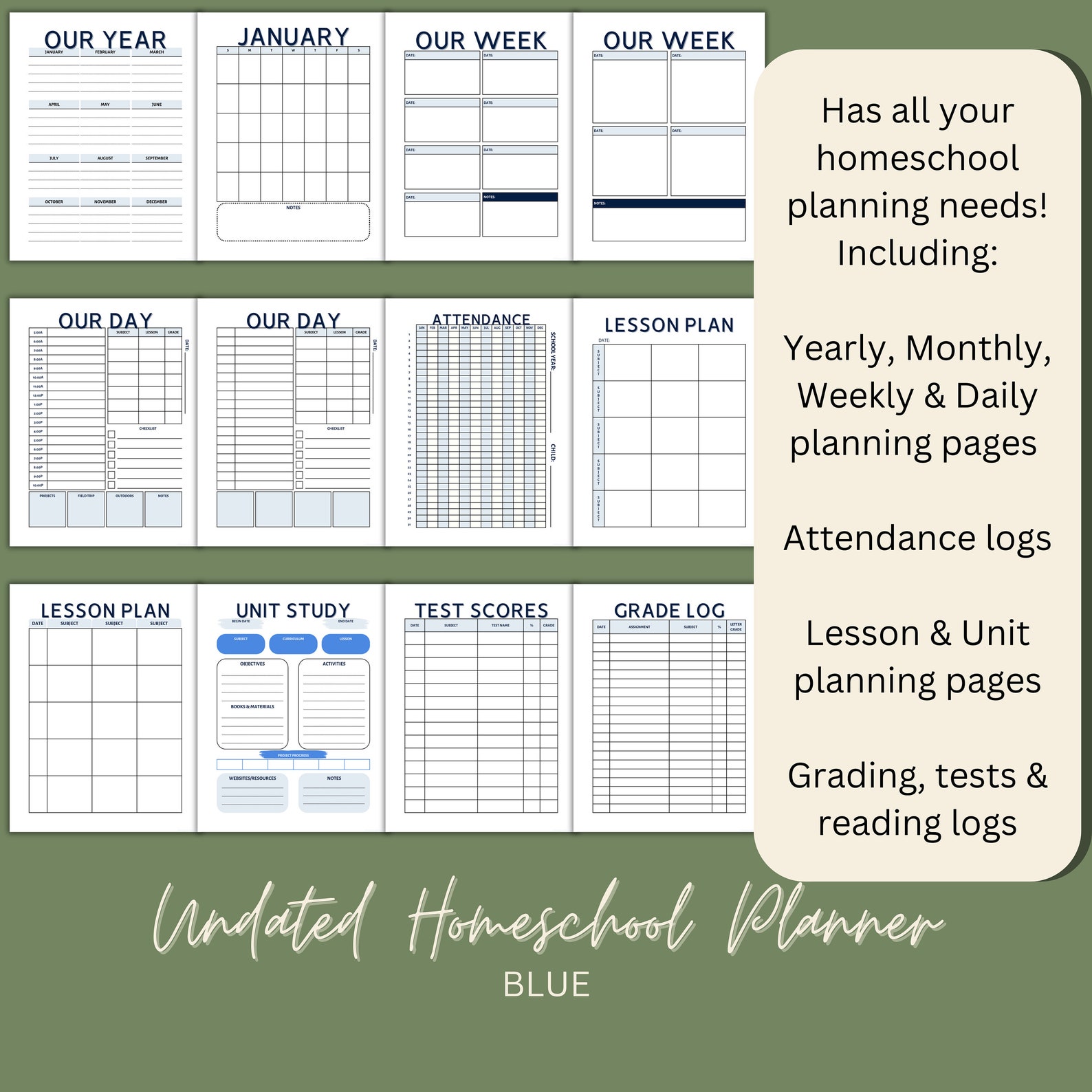 Homeschool Planner Printable | Blue | Undated | Lesson Planner ...