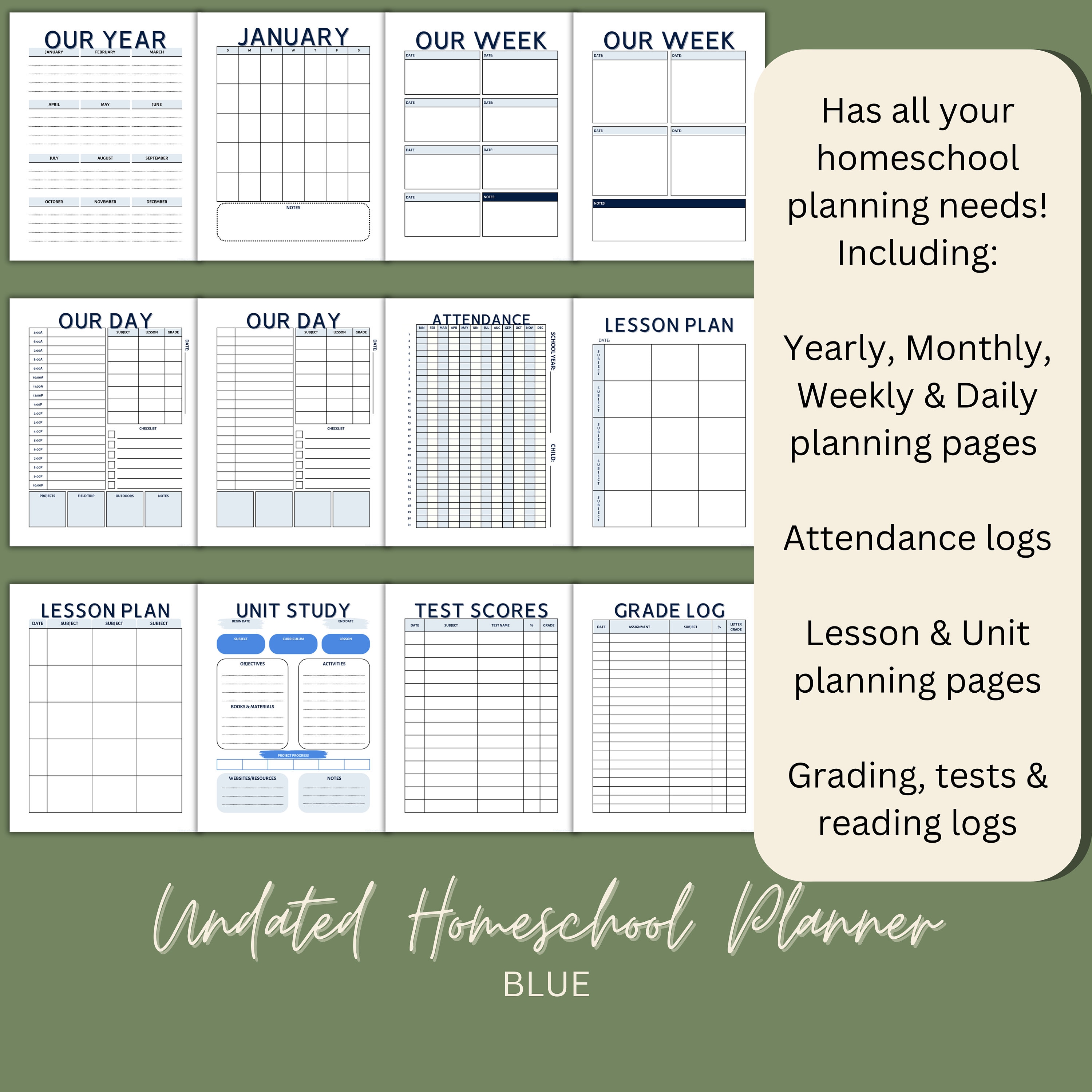 Homeschool Planner Printable Blue Undated Lesson Planner Attendance Log ...