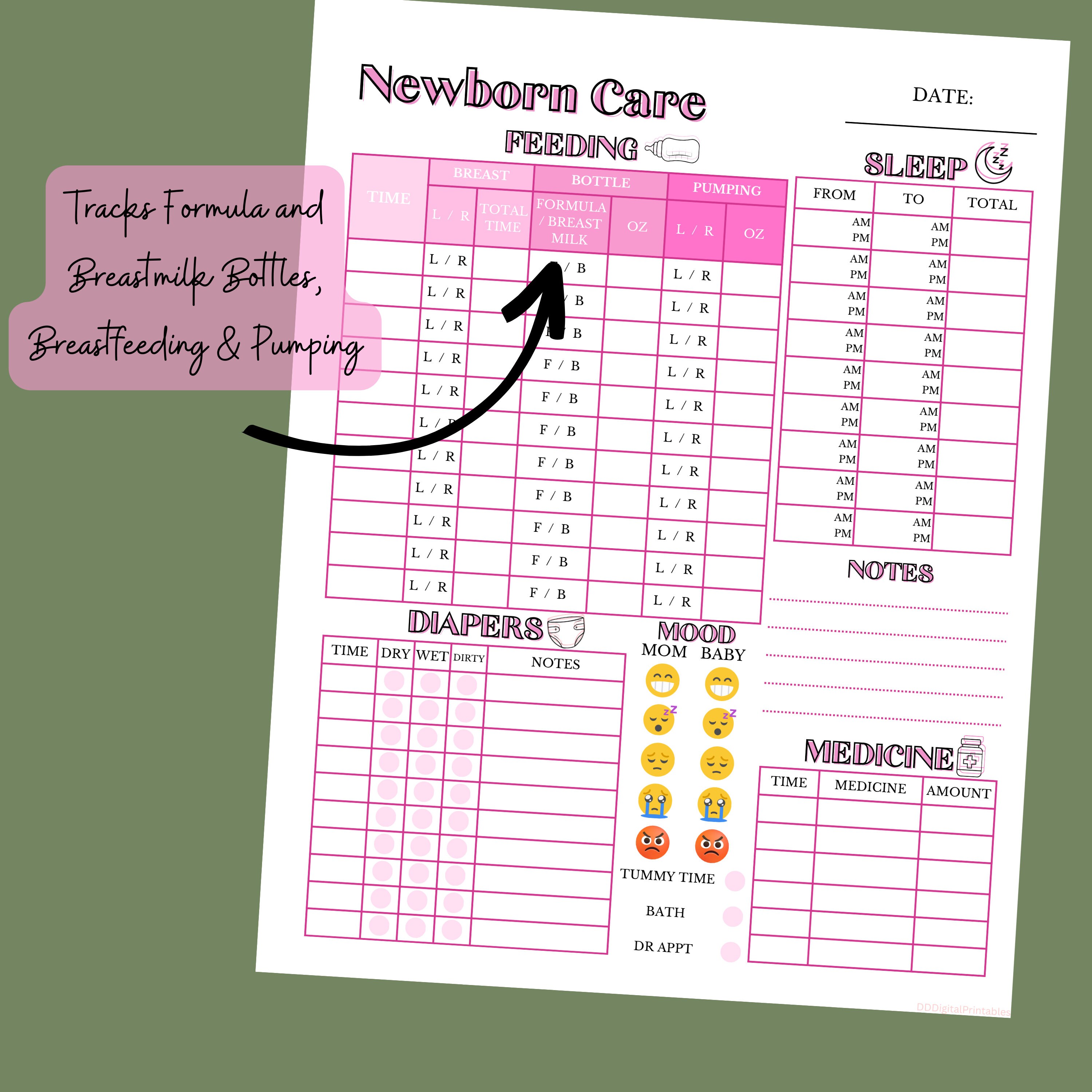 Newborn Care Log Printable | Pink | Breastfeeding Tracker | Diaper Log ...