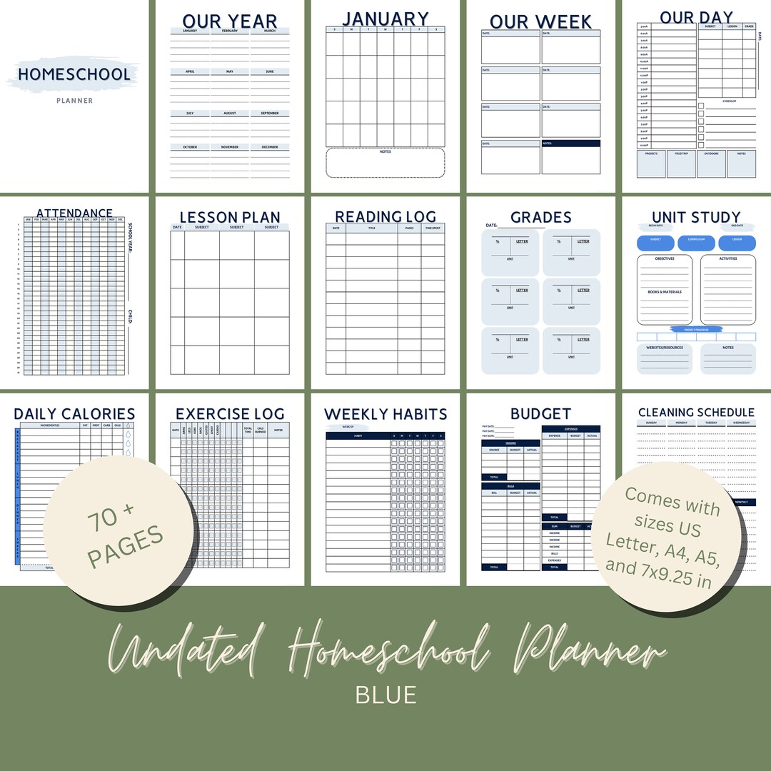 Homeschool Planner Printable | Blue | Undated | Lesson Planner ...