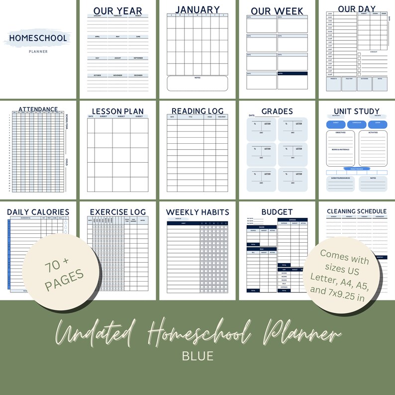 Homeschool Planner Printable | Blue | Undated | Lesson Planner ...
