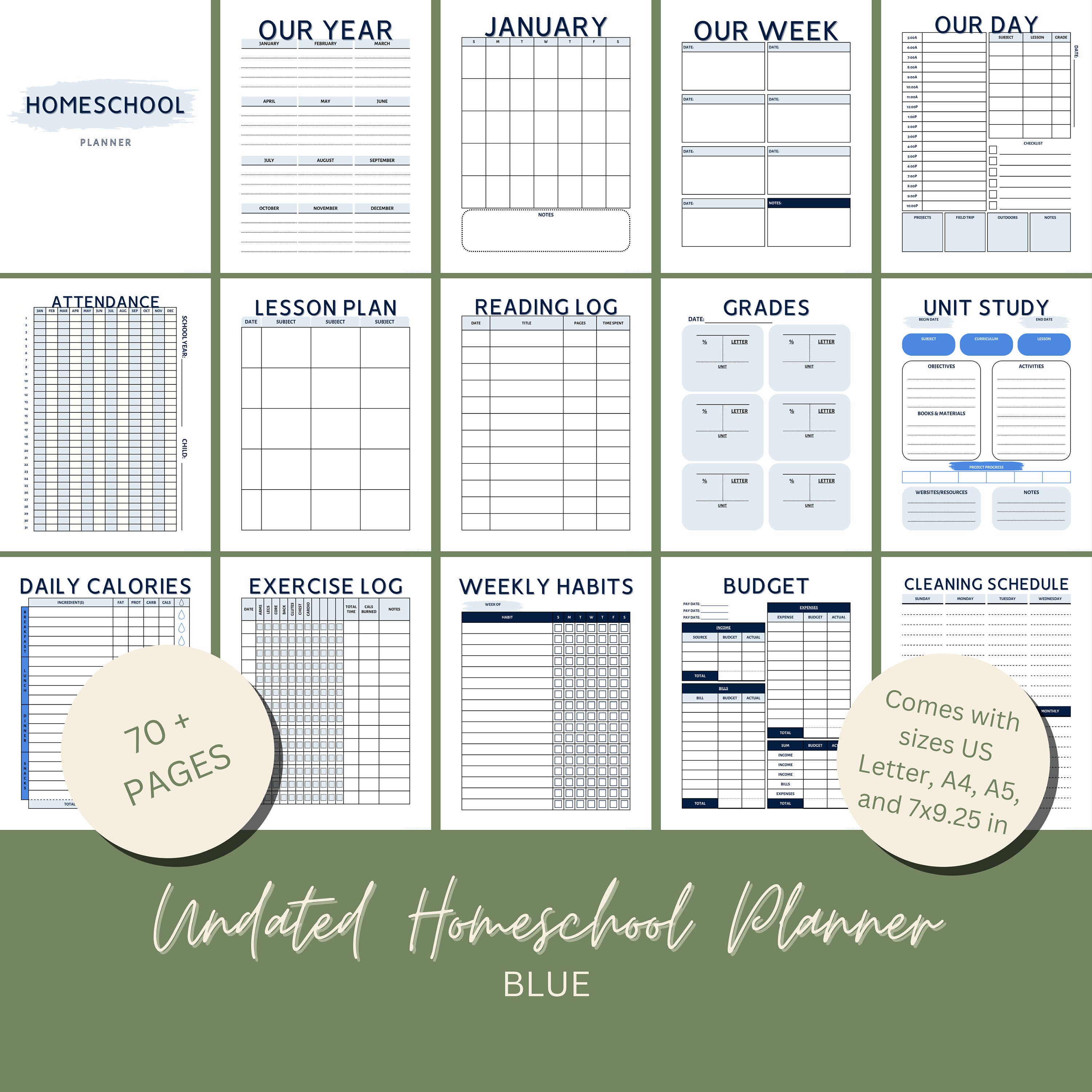 Homeschool Planner Printable | Blue | Undated | Lesson Planner ...