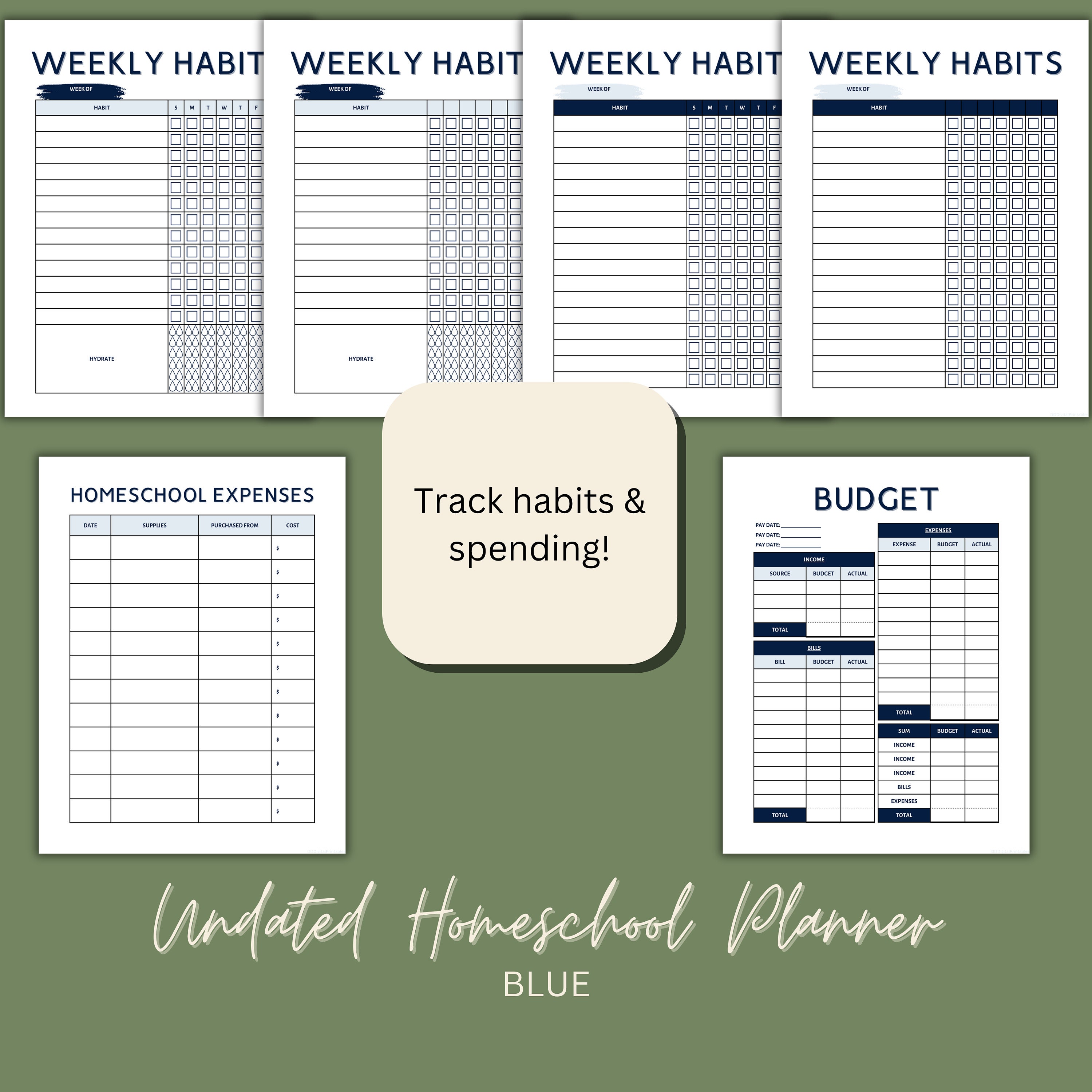 Homeschool Planner Printable Blue Undated Lesson Planner Attendance Log ...