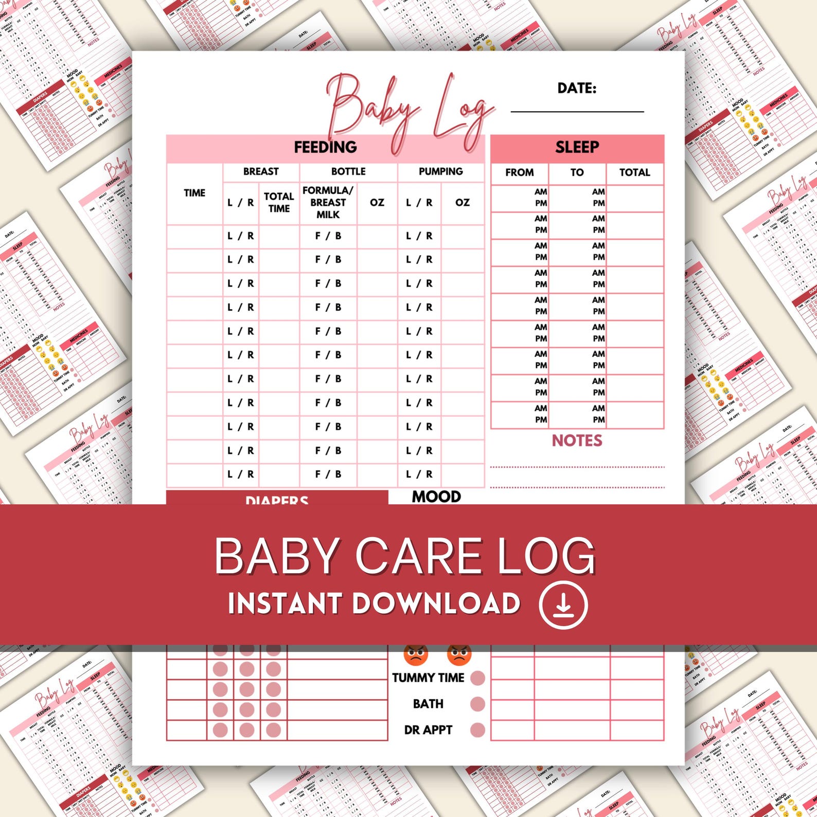 Baby Log Printable - Strawberry | Newborn Log | Baby Care Log | Pumping ...