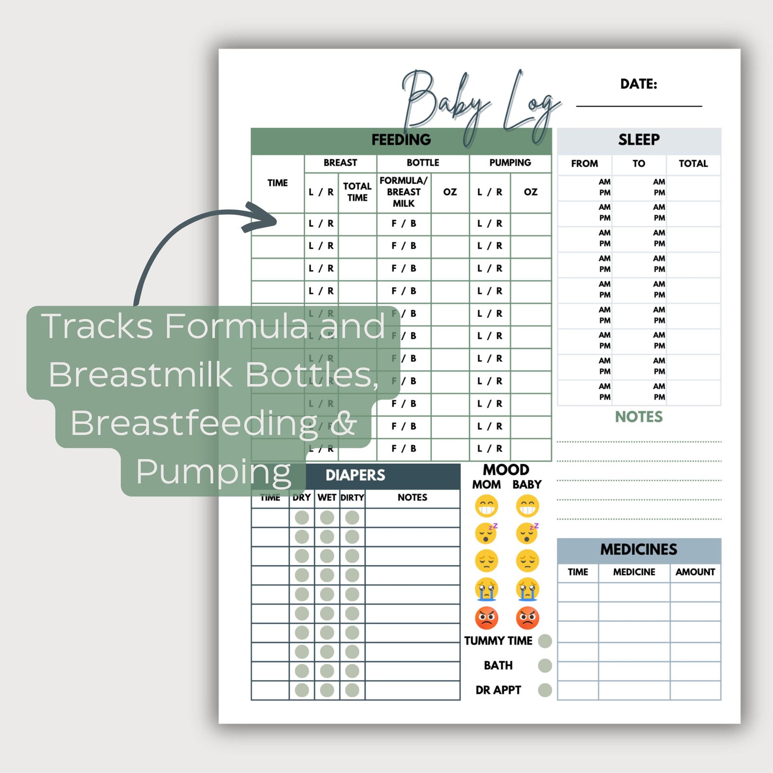 Baby Log Printable - Sea Glass | Newborn Log | Baby Care Log ...