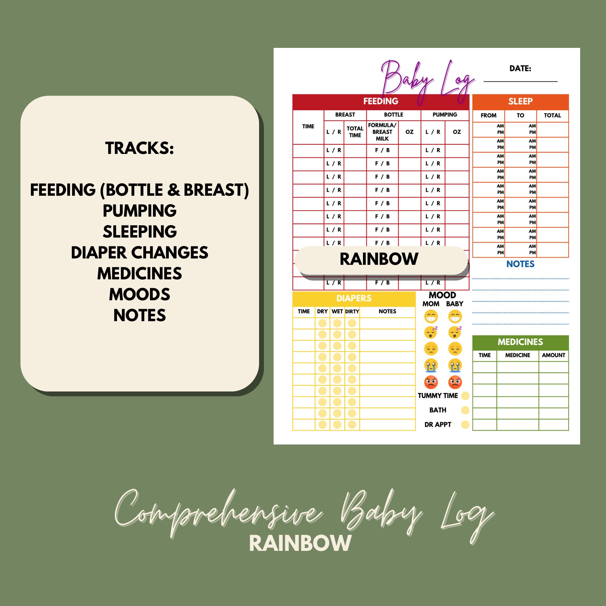 Baby Log Printable Rainbow Newborn Log Baby Care Log - Etsy