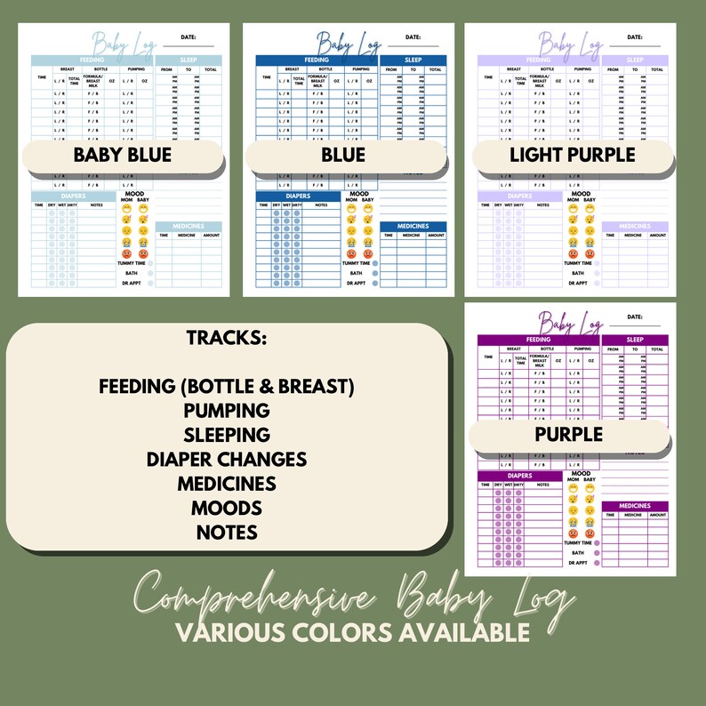 Comprehensive Baby Care Log Printable in Green | Newborn Care Log ...