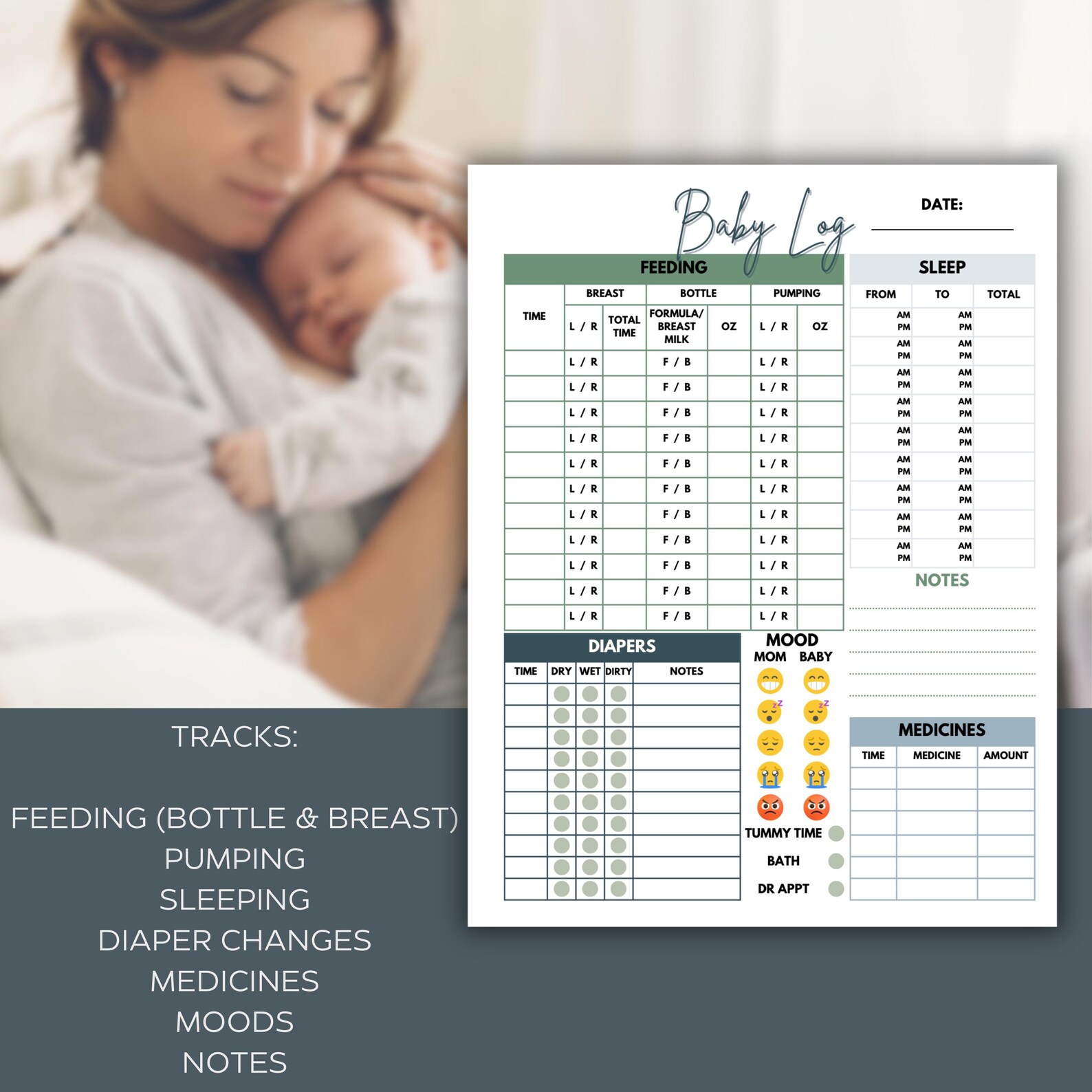 Baby Log Printable - Sea Glass | Newborn Log | Baby Care Log ...