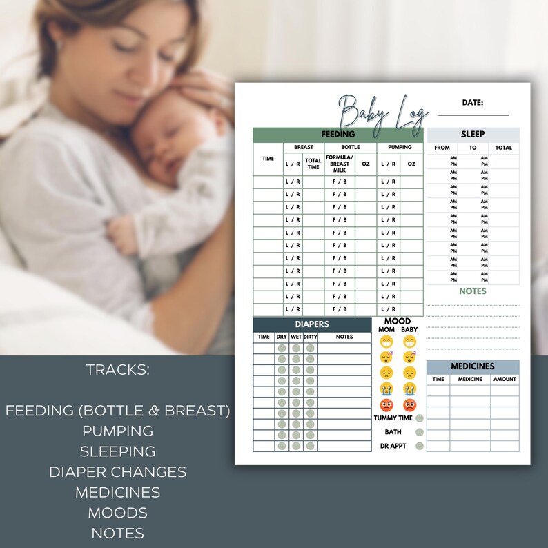 Baby Log Printable - Sea Glass | Newborn Log | Baby Care Log ...