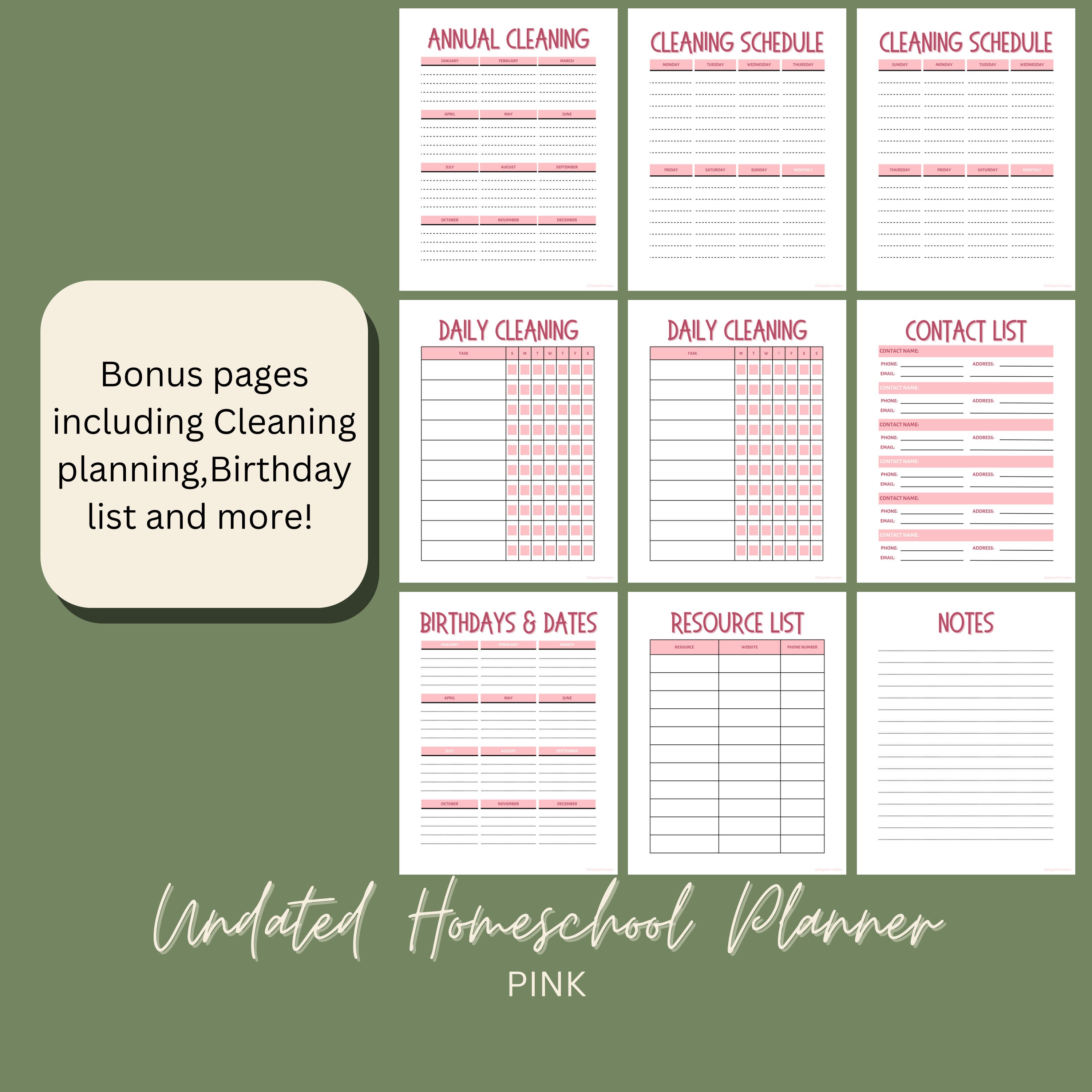Homeschool Planner Printable Pink US Letter, A4, A5, 7x9.25 in Lesson ...