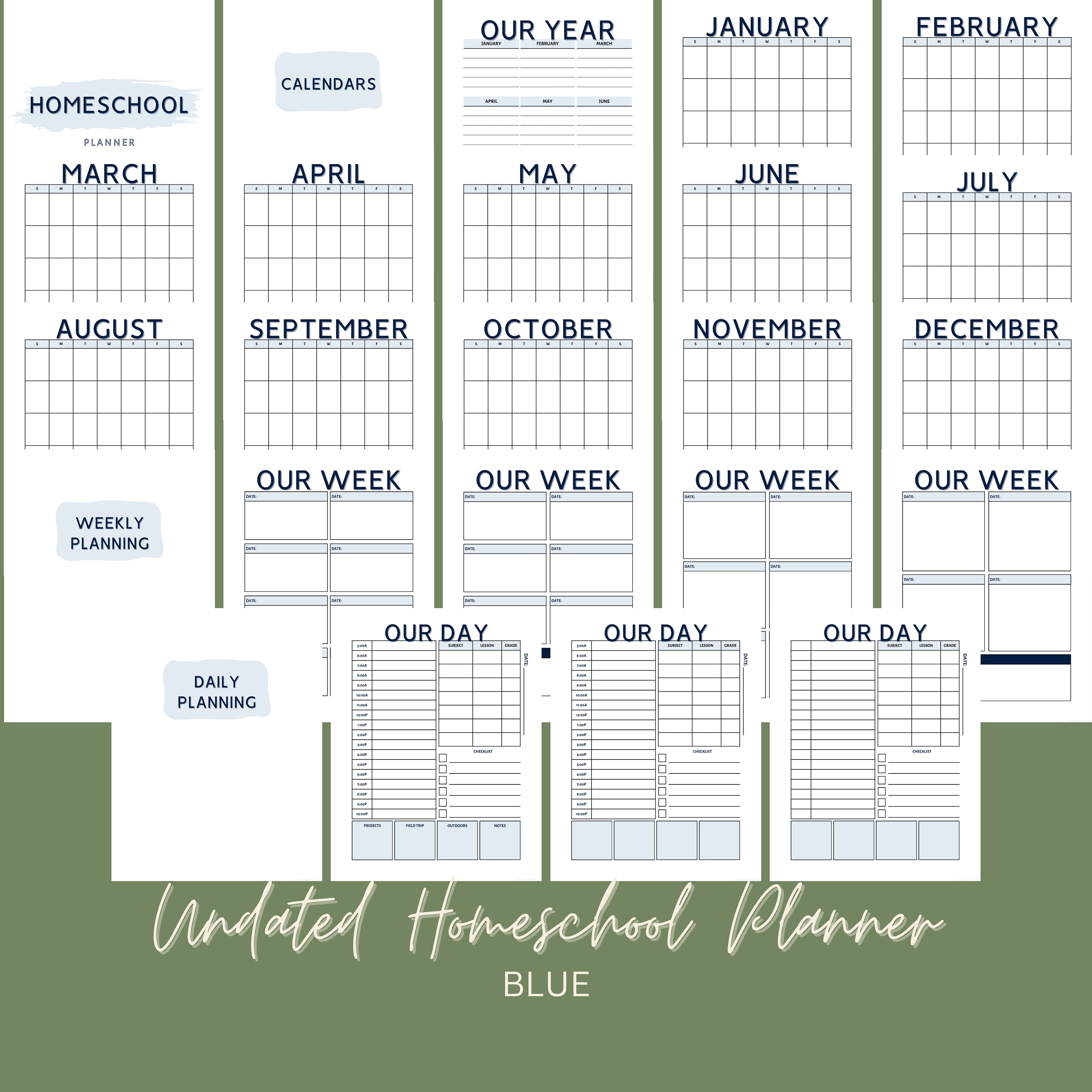 Homeschool Planner Printable Blue Undated Lesson Planner Attendance Log ...