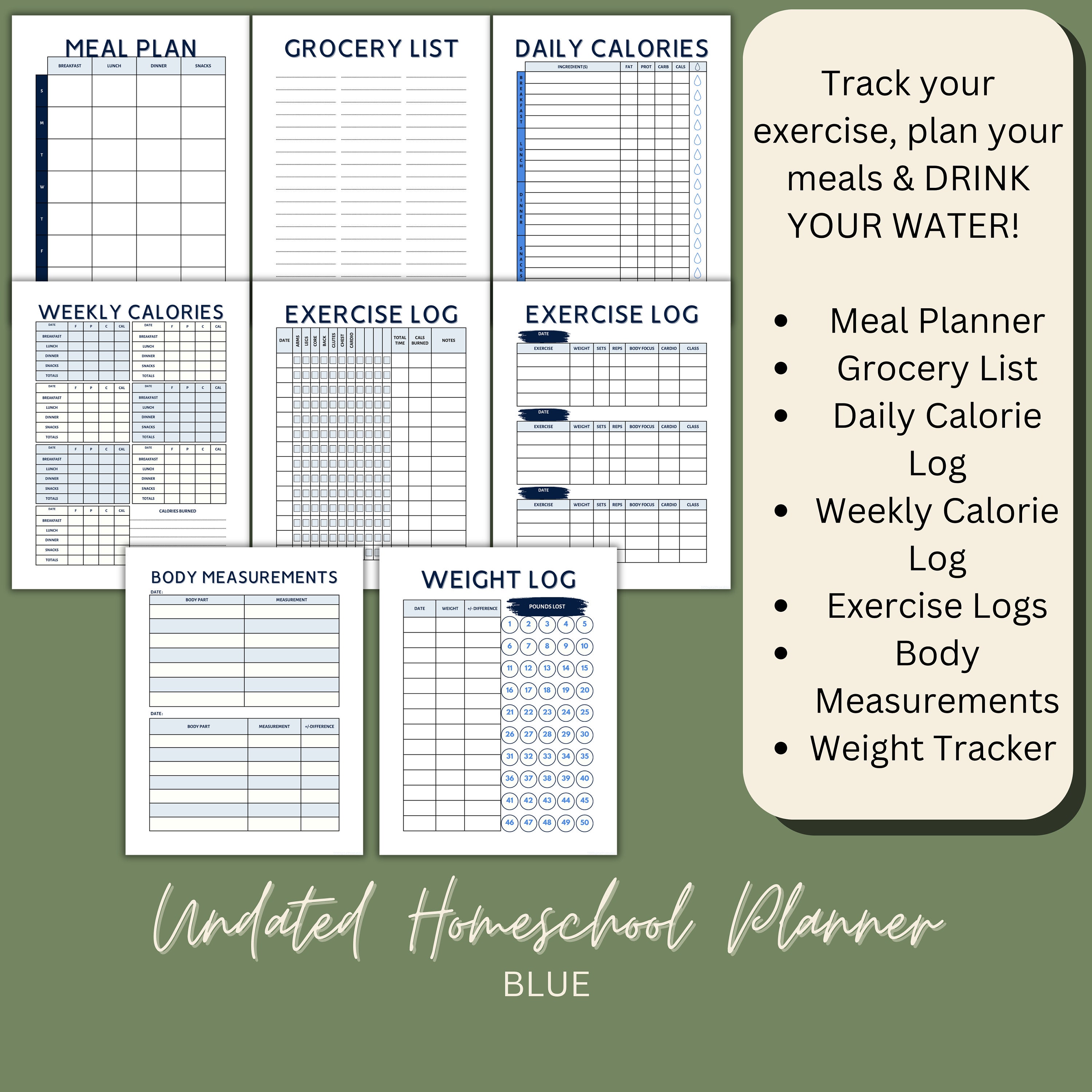 Homeschool Planner Printable Blue Undated Lesson Planner Attendance Log ...