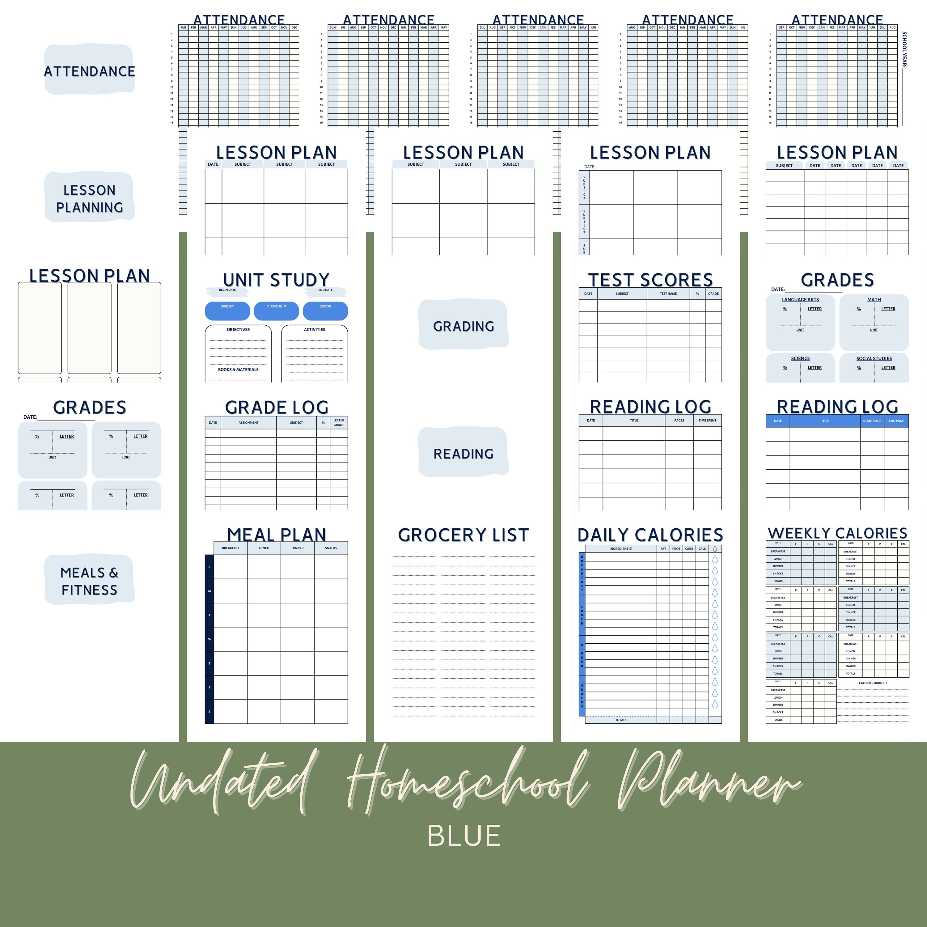 Homeschool Planner Printable Blue Undated Lesson Planner Attendance Log ...