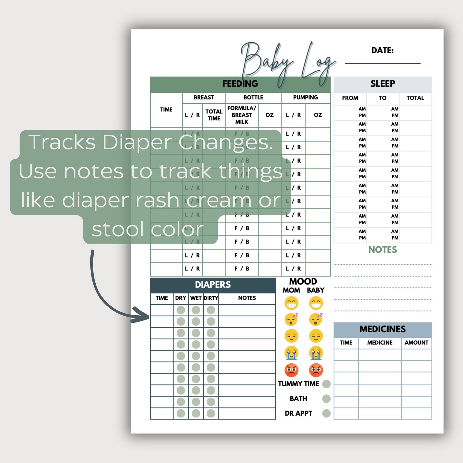 Baby Log Printable Sea Glass Newborn Log Baby Care Log Breastfeeding ...