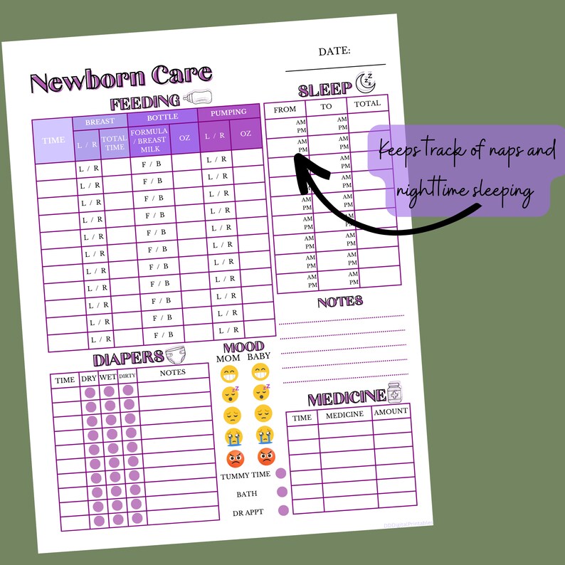 Newborn Care Log Printable | Feeding | Diaper Log | Pumping Log | Sleep ...