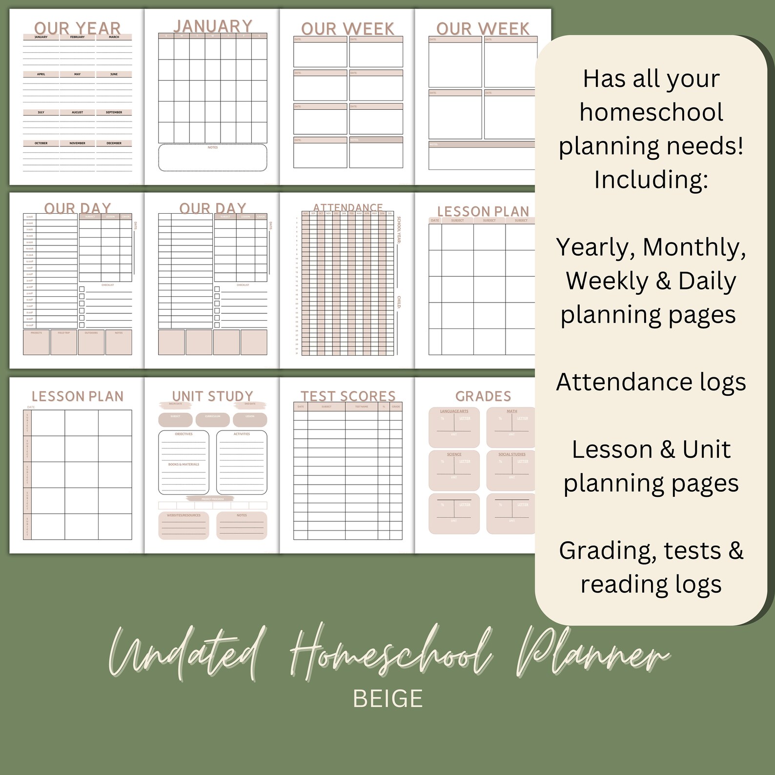 Homeschool Planner Printable | Beige | Lesson Planner | Grade Log ...