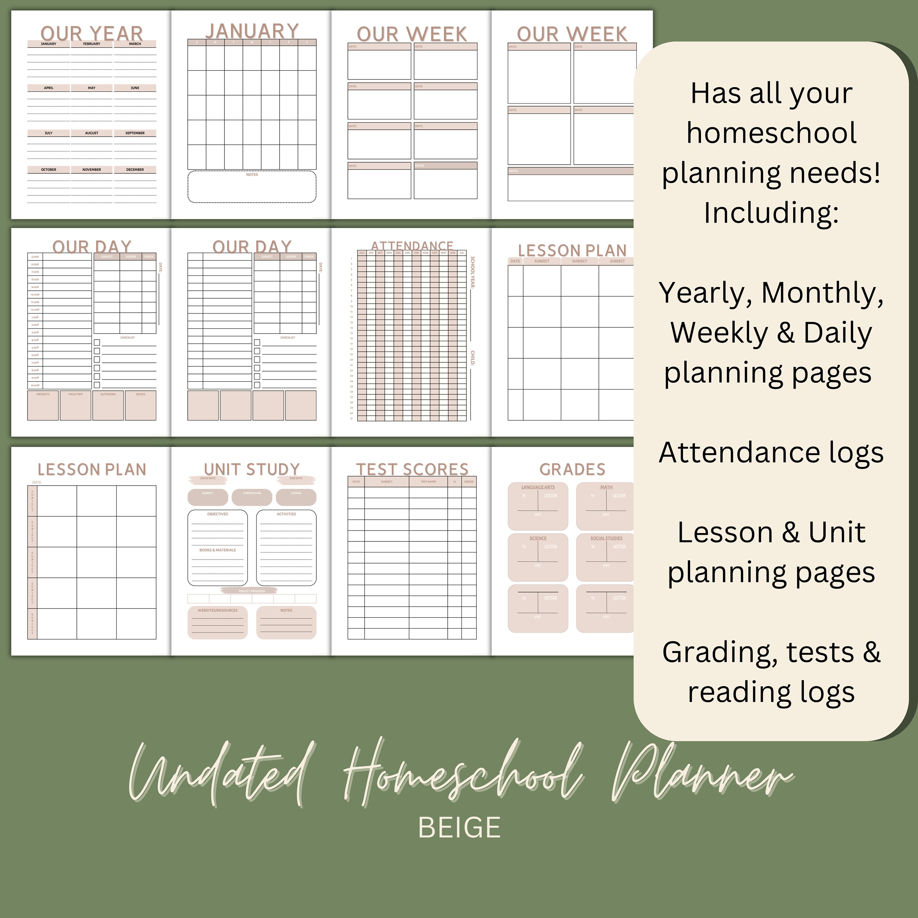 Homeschool Planner Printable | Beige | Lesson Planner | Grade Log ...