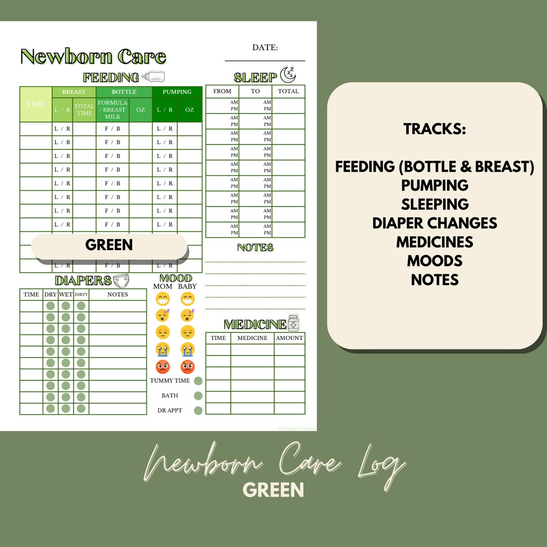 Newborn Care Log Printable | Green | Baby Feeding Log | Baby Sleep ...