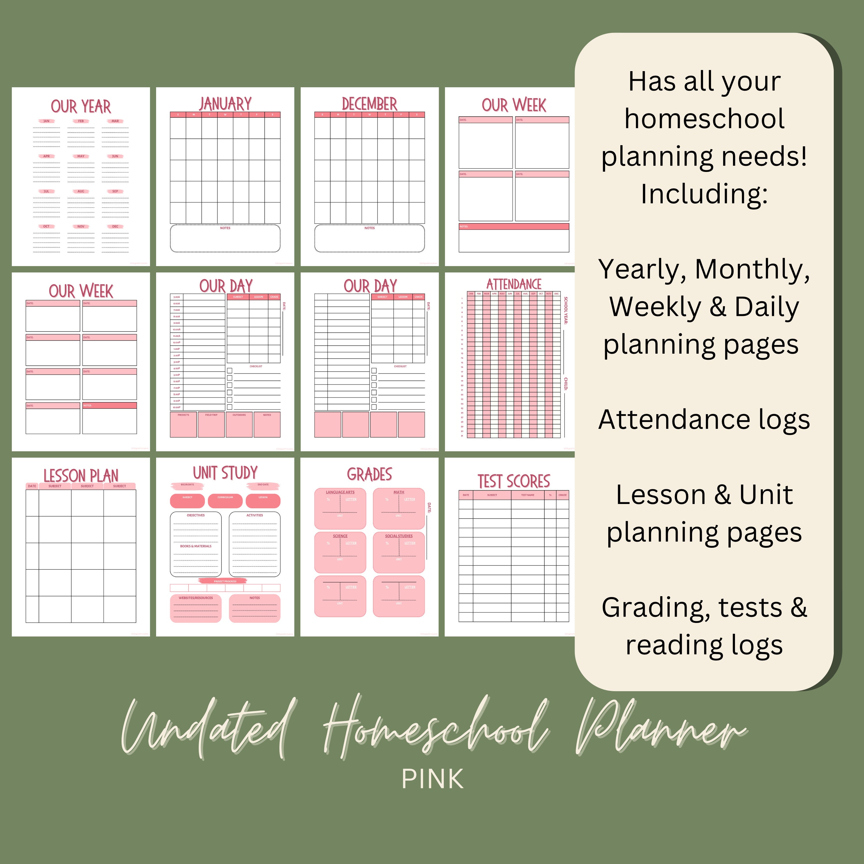 Homeschool Planner Printable Pink US Letter, A4, A5, 7x9.25 in Lesson ...