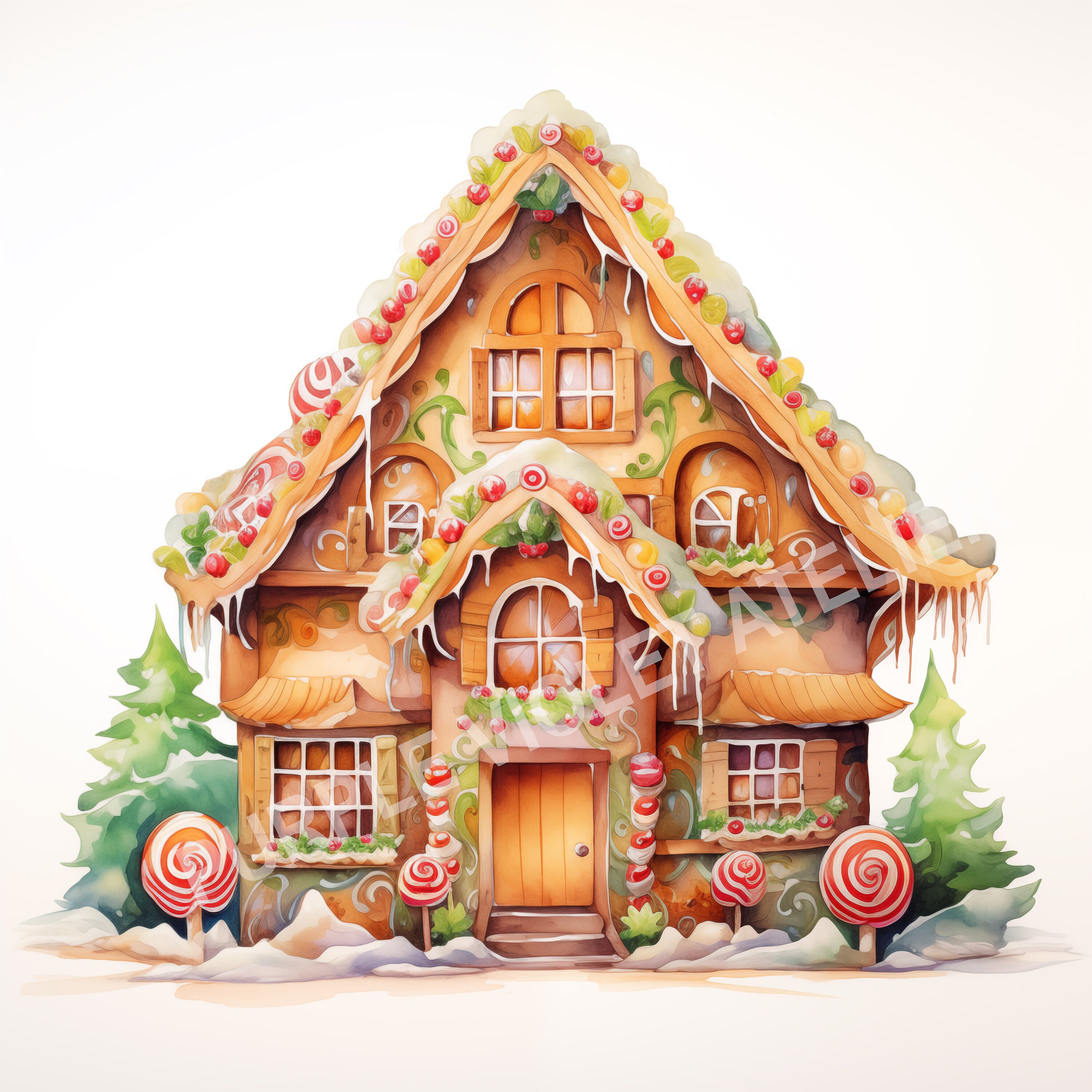 Watercolor Christmas Gingerbread House 8 High Quality Jpgs Bundle ...
