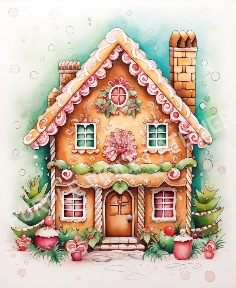 Watercolor Christmas Gingerbread House 8 High Quality Jpgs Bundle ...