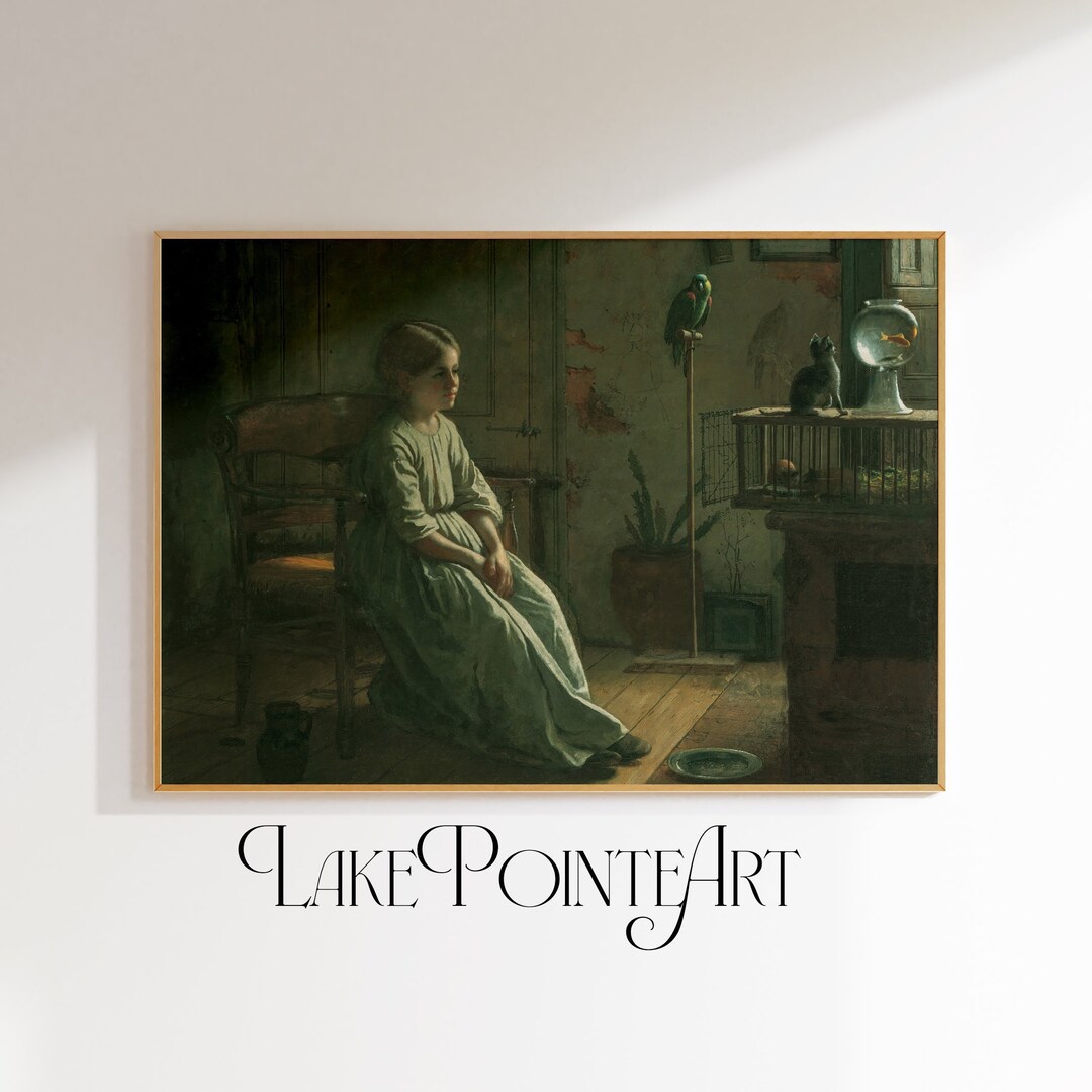Sage Green Pets Vintage Painting, Classic Art for Pet Lovers, Girl and ...