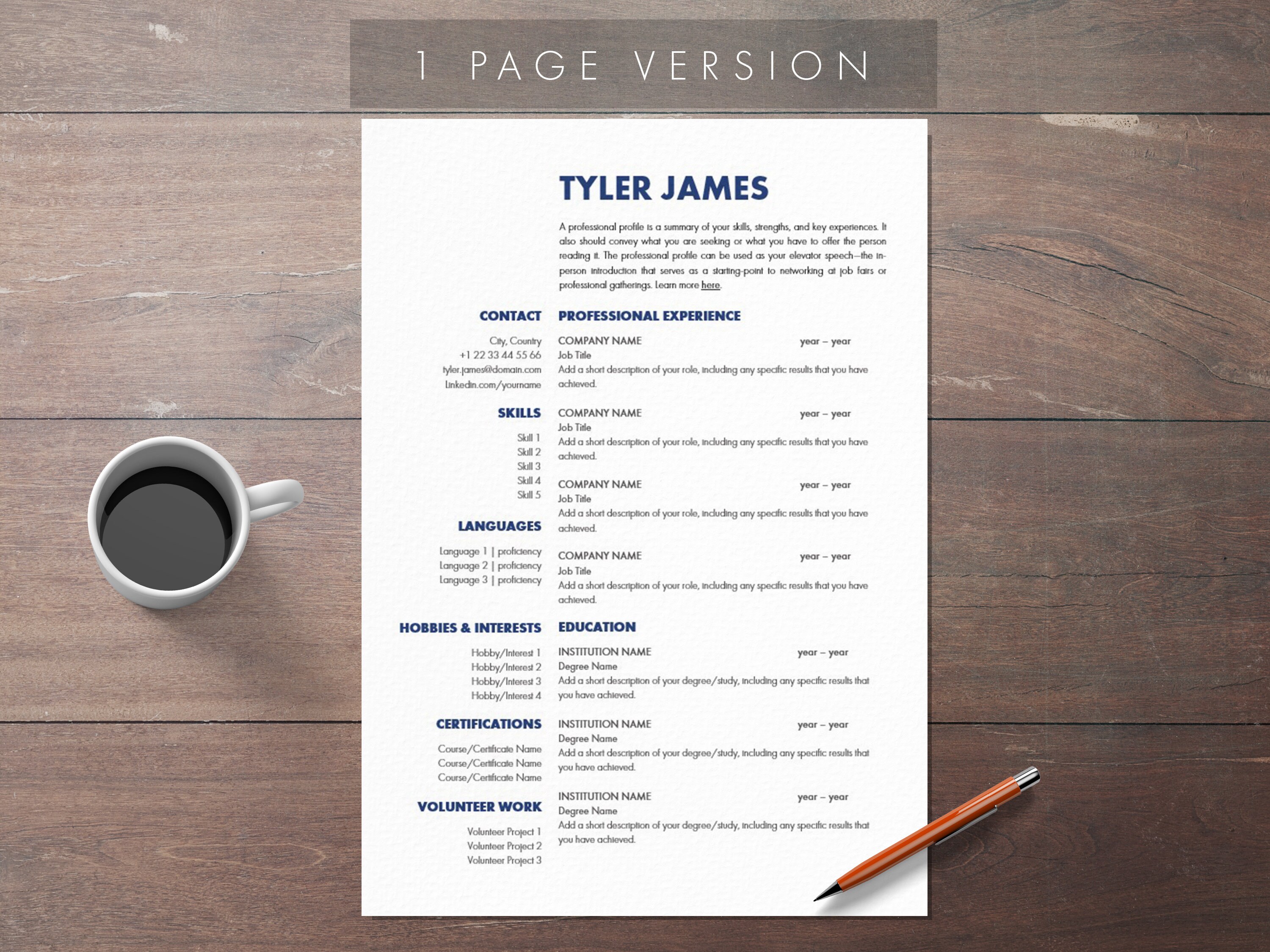 Professional One Page Resume Template, Minimalistic Creative CV ...