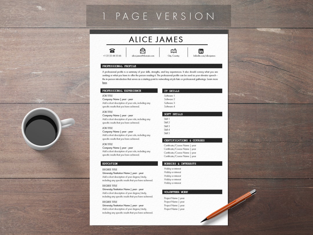 Professional One Page Resume Template, Minimalist Creative CV Template ...