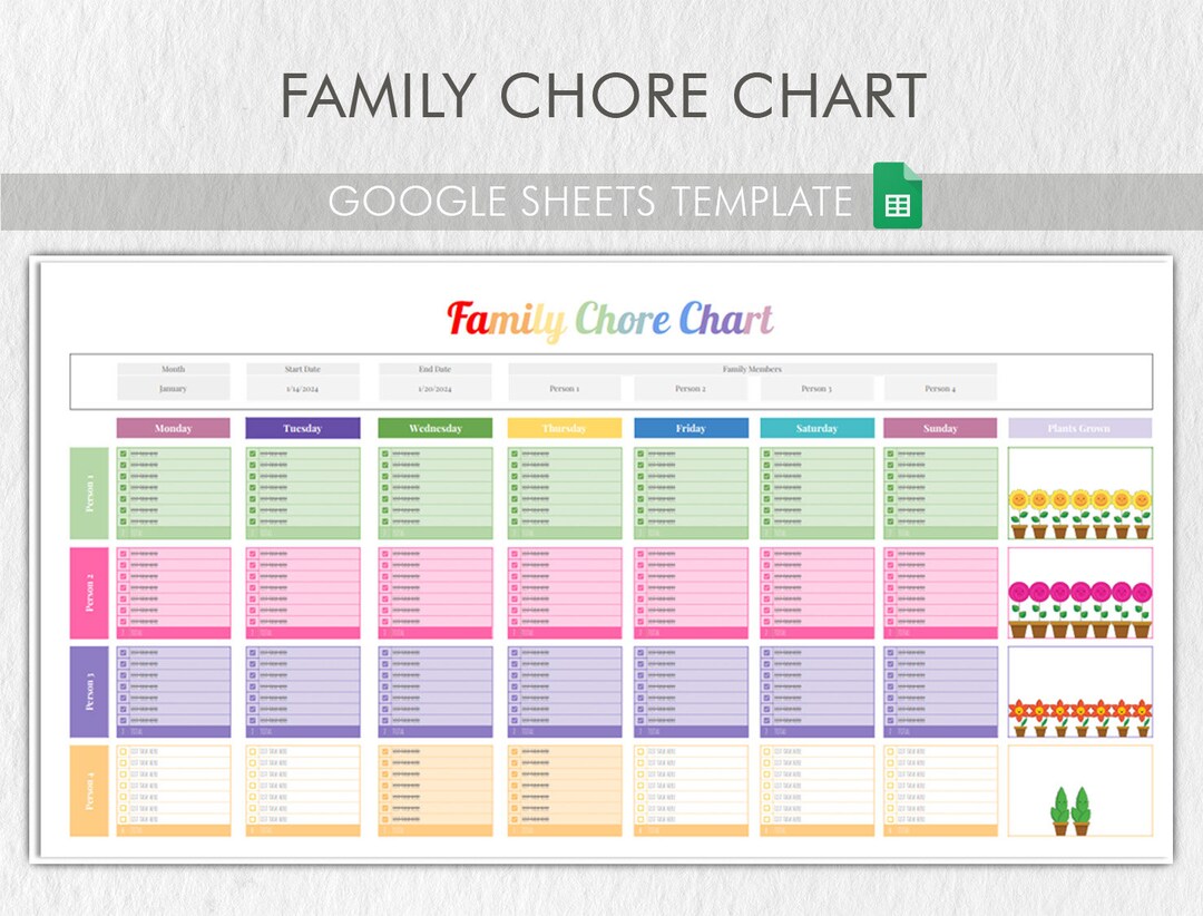 Colorful Family Chore Chart for Google Sheets, Daily Task Tracker ...