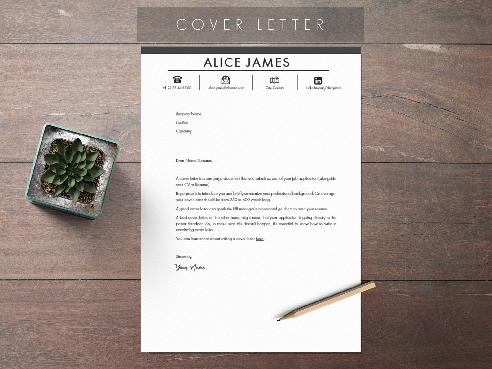 Professional One Page Resume Template, Minimalist Creative CV Template ...