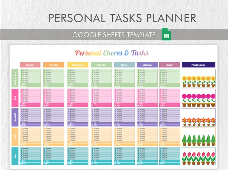 Rainbow Chore Chart, Personal Tasks Tracker, Daily Tasks Planner, Chore Google Sheets, Colorful ...
