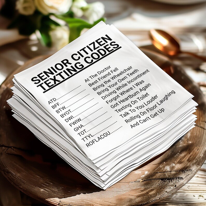 Custom Cocktail Napkin, Senior Citizen Texting Codes Napkin, Funny ...