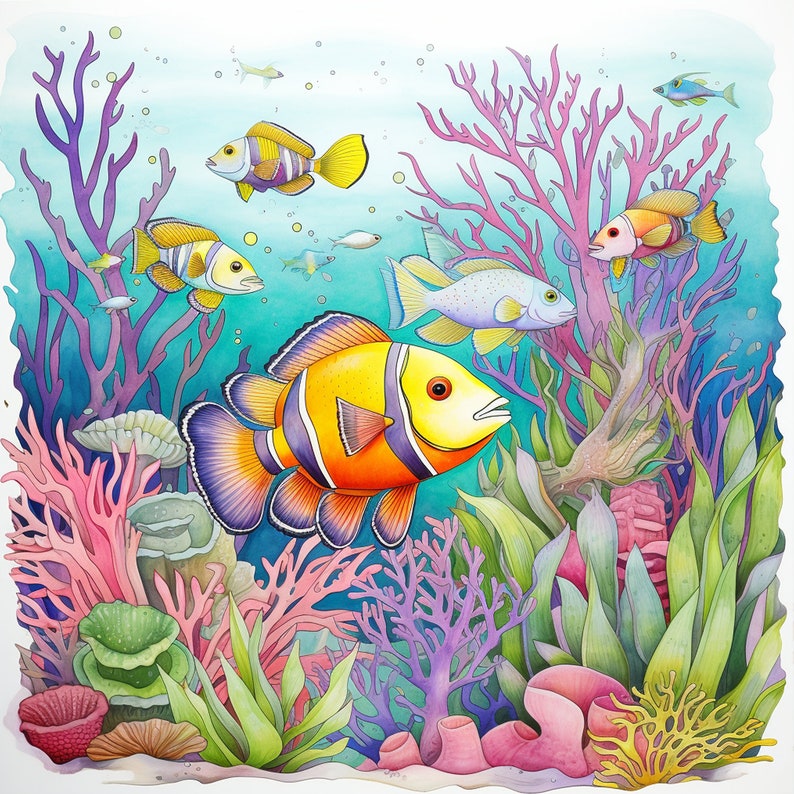 Drawing of a Colorfull Fishes in Coral Sea - Etsy