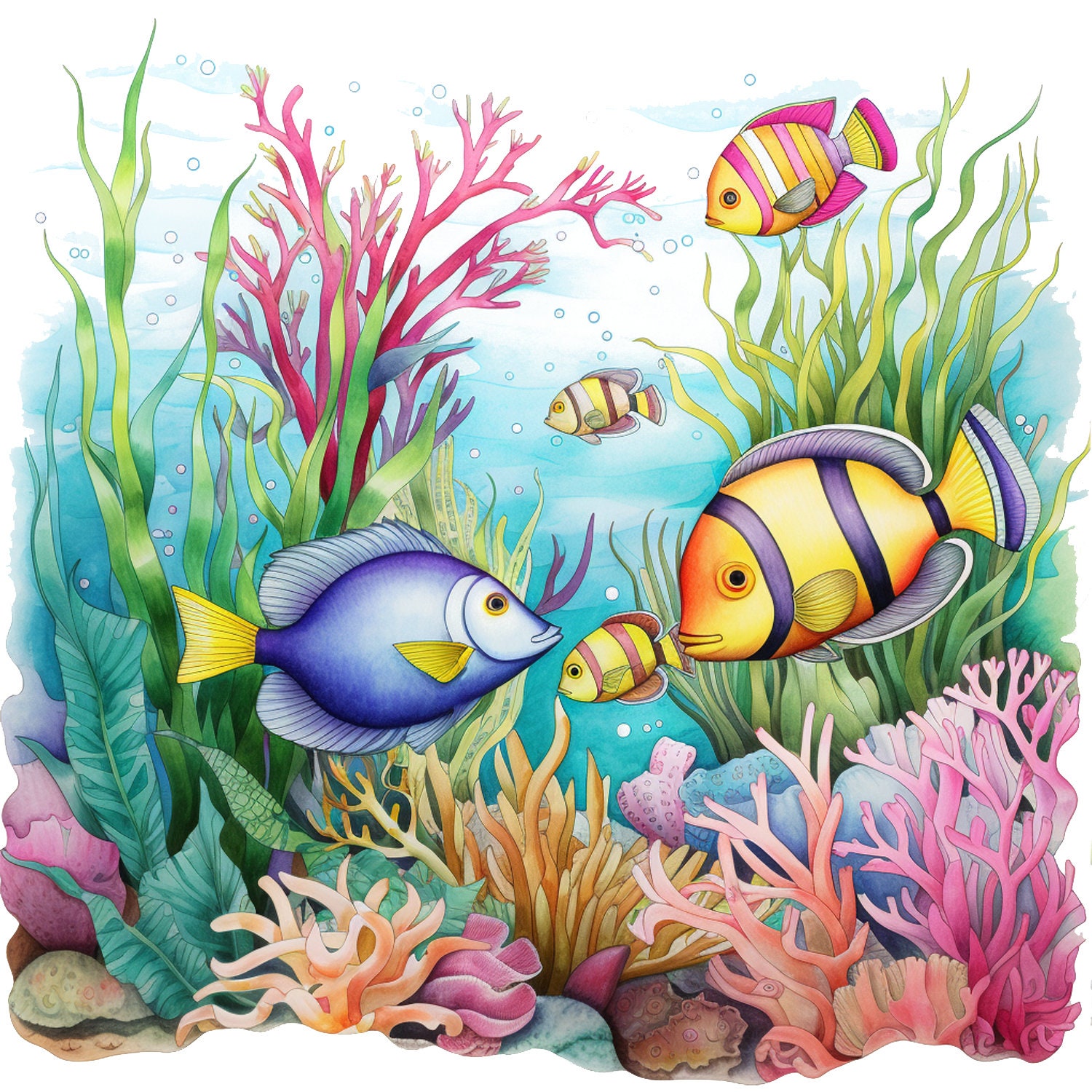 Drawing of a Colorfull Fishes in Coral Sea - Etsy